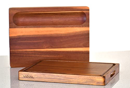 Viavel Large Acacia Wooden Cutting Board - Thick, Multipurpose & Reversible Wood Charcuterie Board for Chopping or Serving - 16 x 12 x 1.5 Inch - Deep Juice Grooves, Beautiful Gift !
