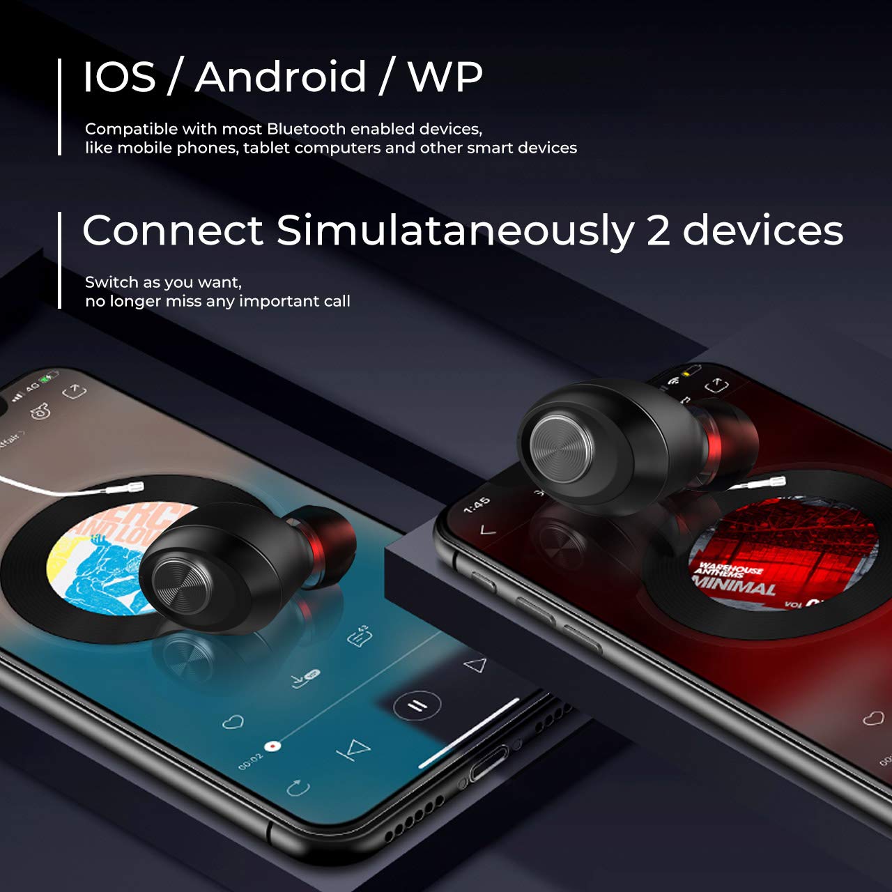 Wireless Earbuds Bluetooth Headphones, Touch Wireless Headsets with Noise Cancelling Microphone for Binaural Calls, Stereo in-Ear Sports Headsets (Including Charging Box)