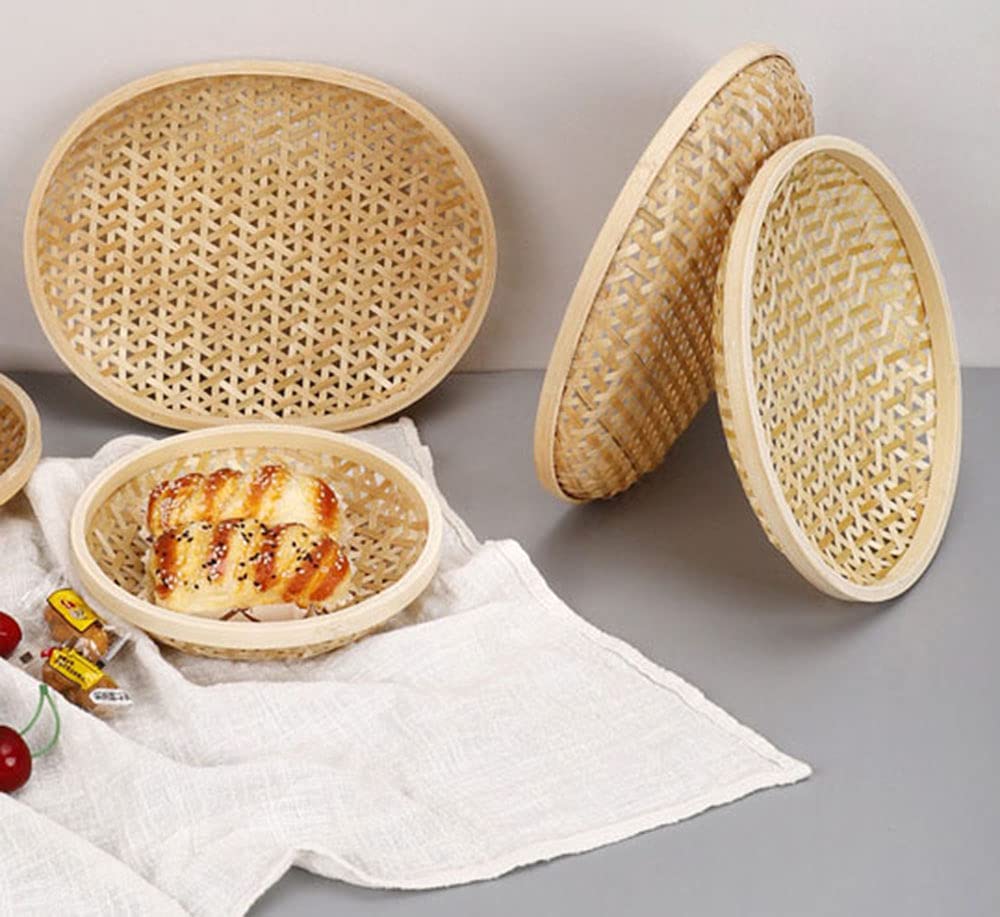 TimesFriend 100% Handwoven Flat Wicker Round Fruit Basket Woven Food Storage Weaved Shallow Tray Organizer Holder Bowl Decorative Rack Display Kids DIY Drawing Board (27cm/10.5")