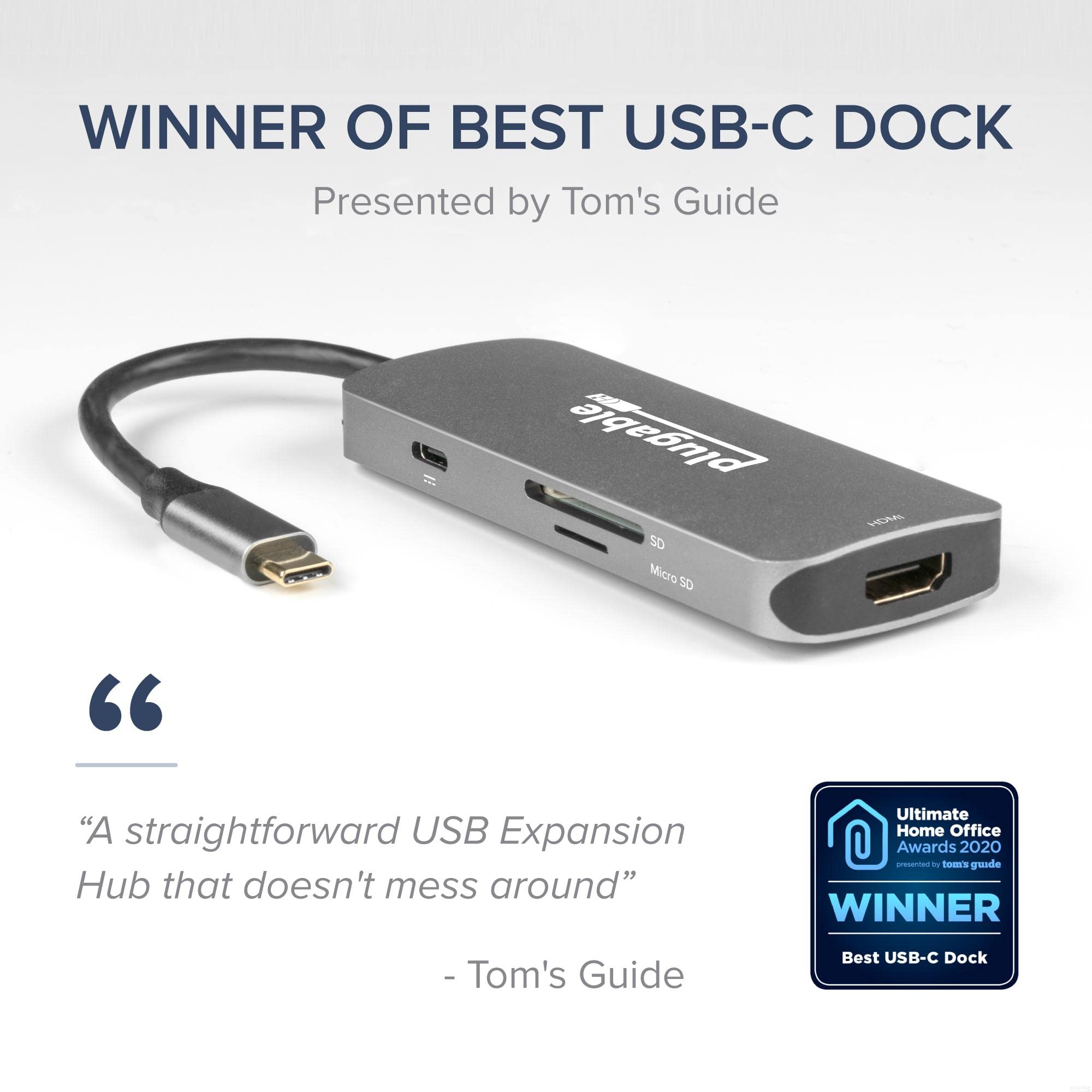 Plugable USB-C Hub 7-in-1, Driverless USB C Hub Compatible with Mac, Windows, Chromebook, USB4, Thunderbolt 4, and More (4K HDMI, 3 USB 3.0, SD & microSD Card Reader, 100W Charging)