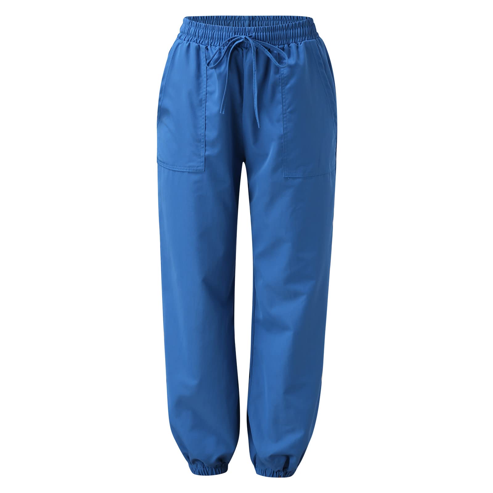 with Pockets Casual Waisted Summer Pants Linen Beach Cotton Women Comfy Flowy High Button Women's Casual Pants Women's Blue