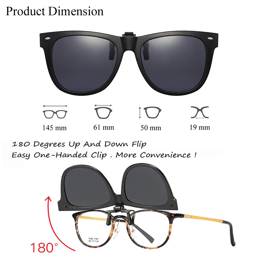 OopsMi Polarized Clip-on Sunglasses Unisex Anti-Glare Driving Sunglasses With Flip Up for Prescription Glasses (Black Lens)