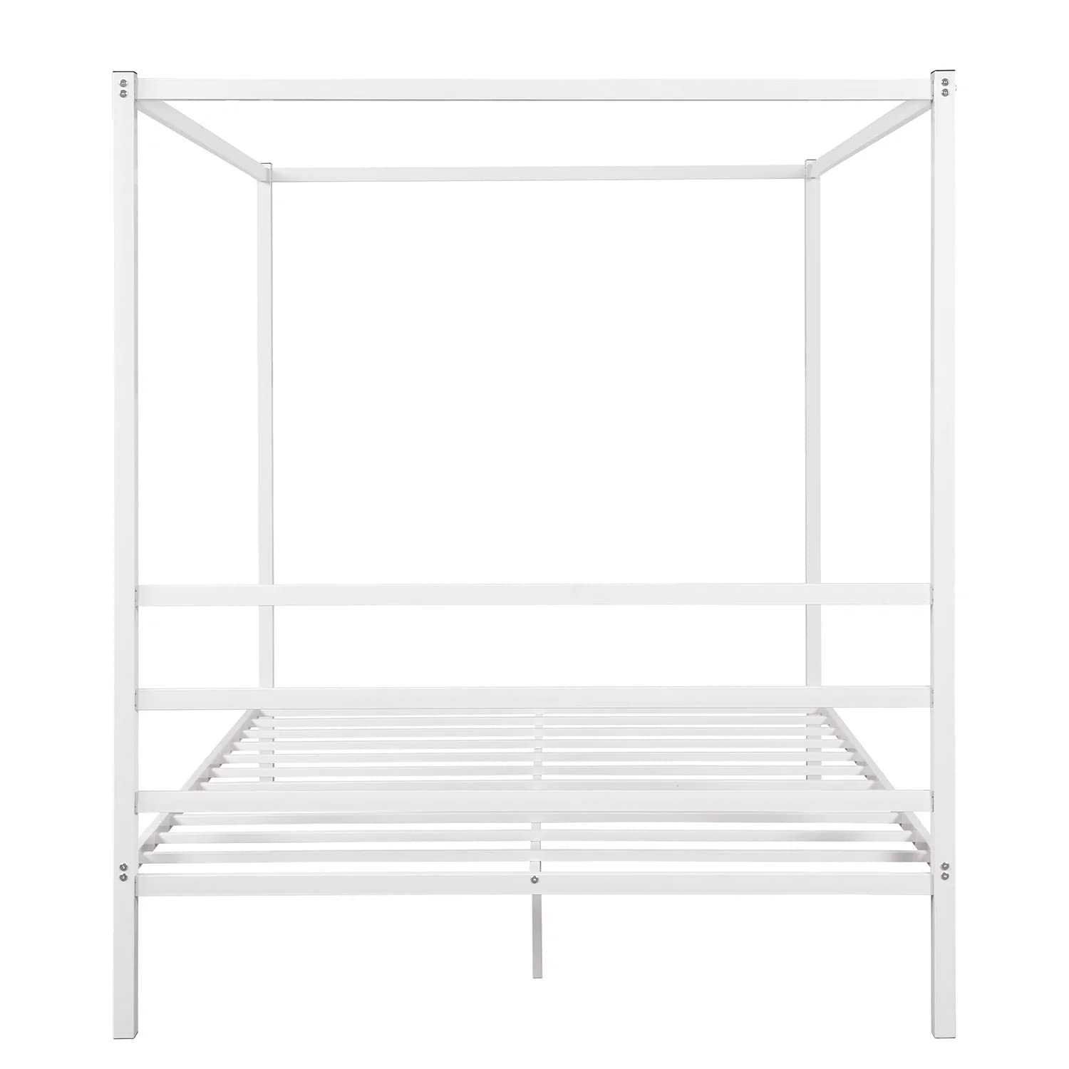 Metal Framed Canopy Platform Bed with Built-in Headboard,No Box Spring Needed, Classic Design, Queen,White