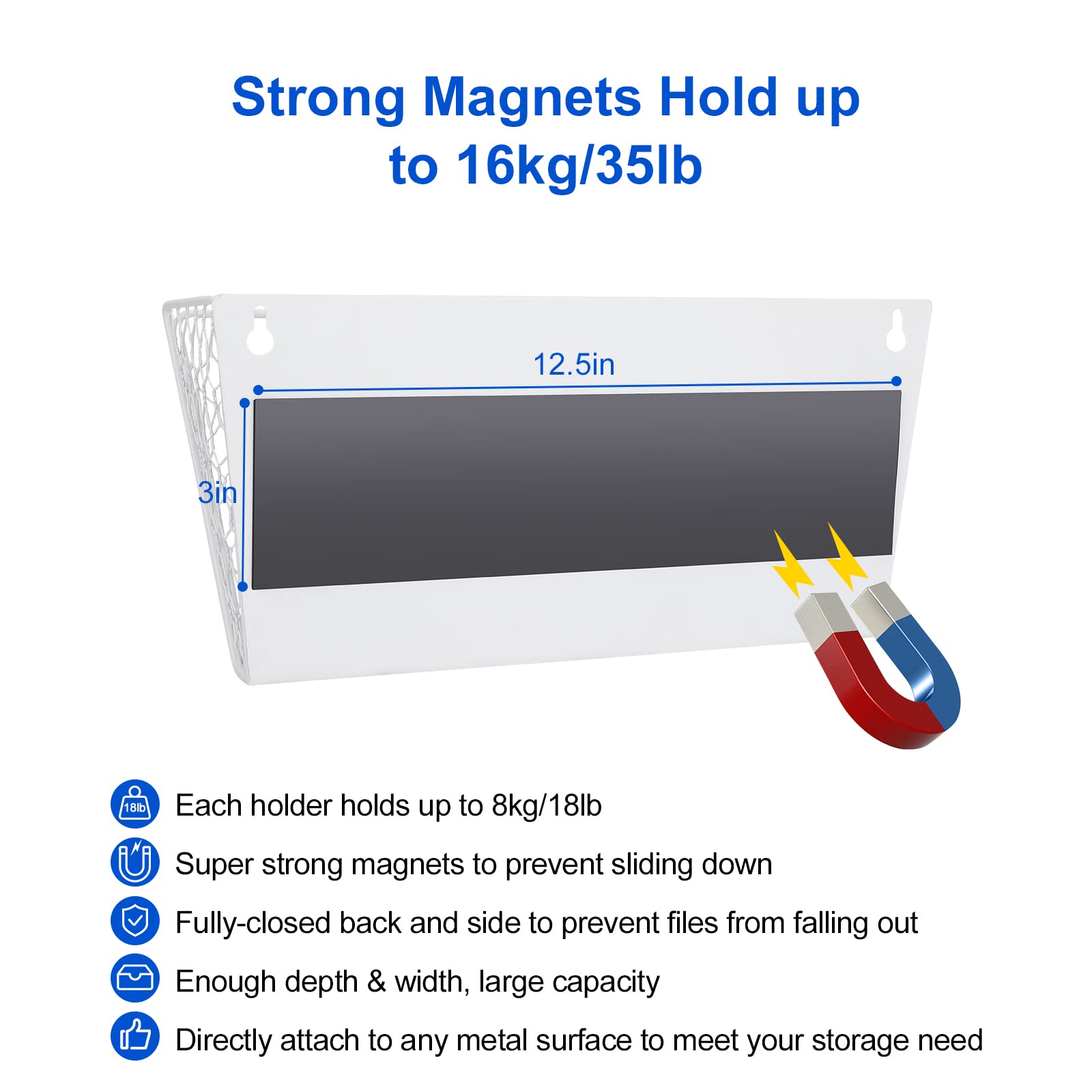 Magnetic File Holder for File Cabinets,1-Tier No Drilling Durable Magnetic Paper Holder, White Mesh Magnetic File Organizer for Refrigerator, Magazine Organizer, Writing Label Included (2 packs)