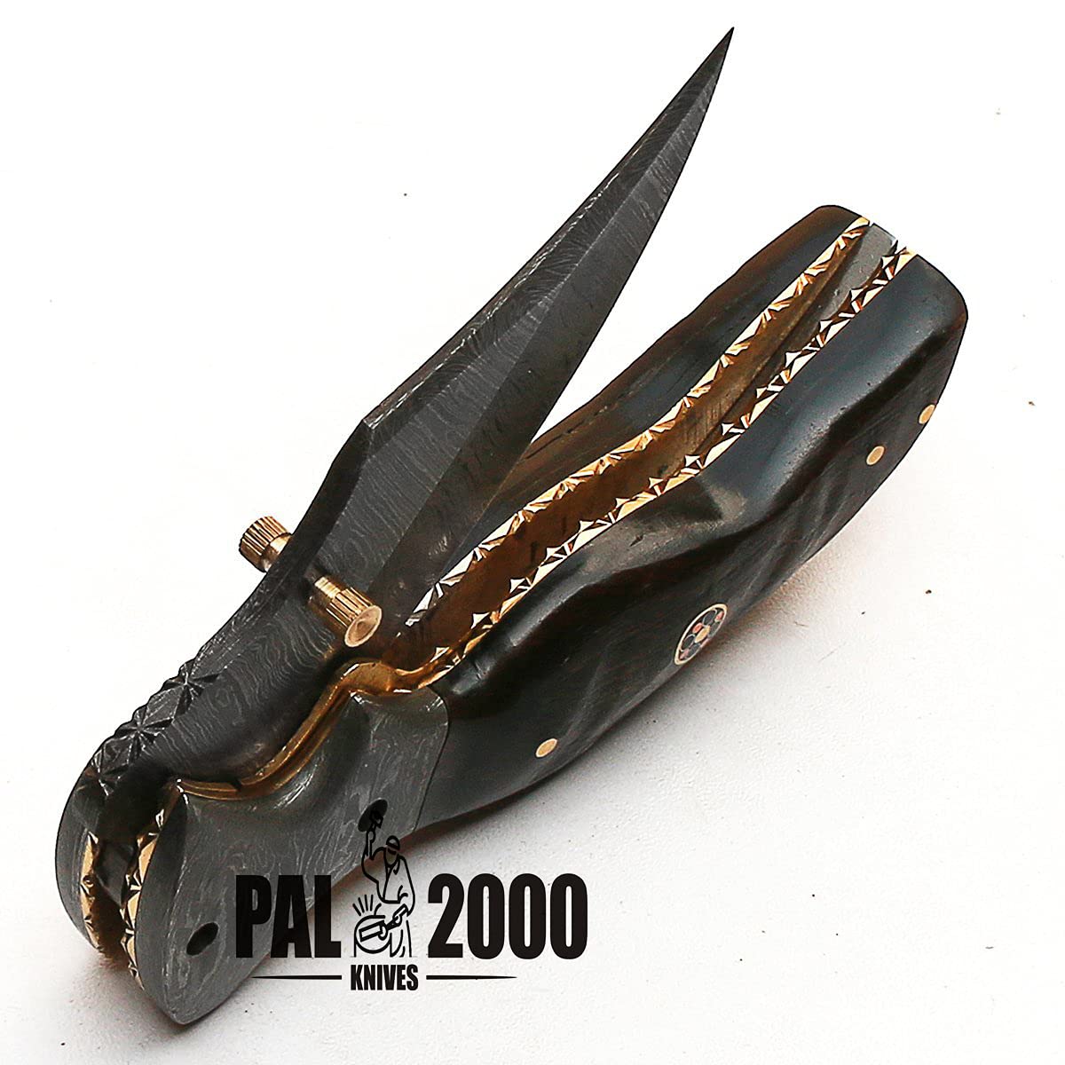 PAL 2000 HUNTING KNIVES Mmbm-8848 - Damascus Folding Knife - Handmade Damascus Steel - Damascus Pocket Knife - Ram Horn Handle