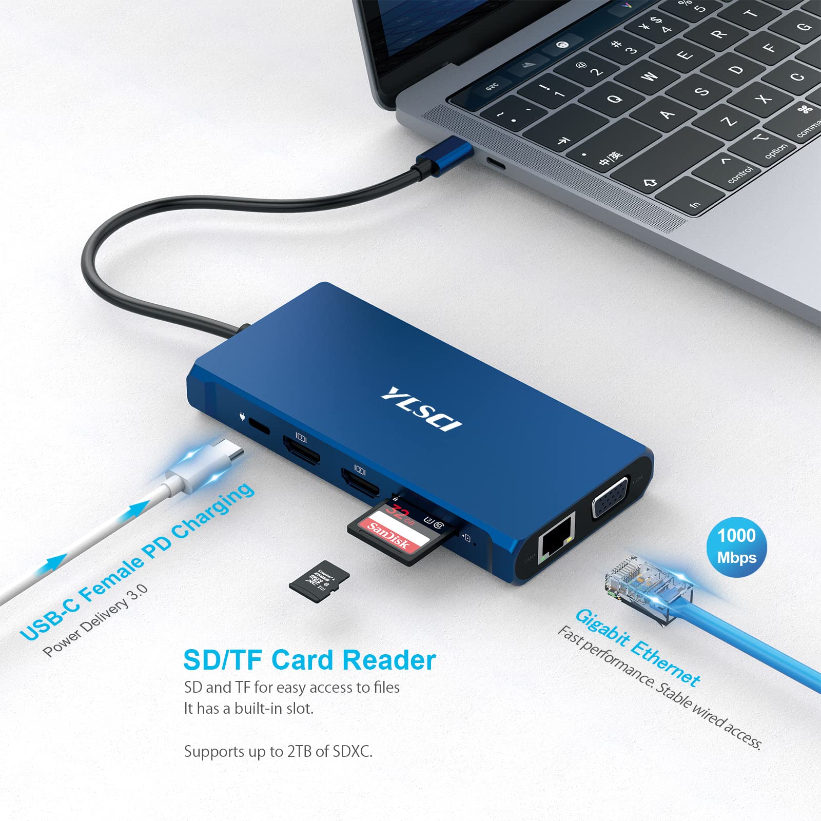YLSCI 12 in 1 Laptop Docking Station, Triple Display USB C Hub Adapter with Dual 4K HDMI & VGA, 2 x USB 3.0 & 2 x USB 2.0, USB-C 3.0, Gigabit Ethernet LAN, Type C PD, SD/TF Card Reader (Blue)