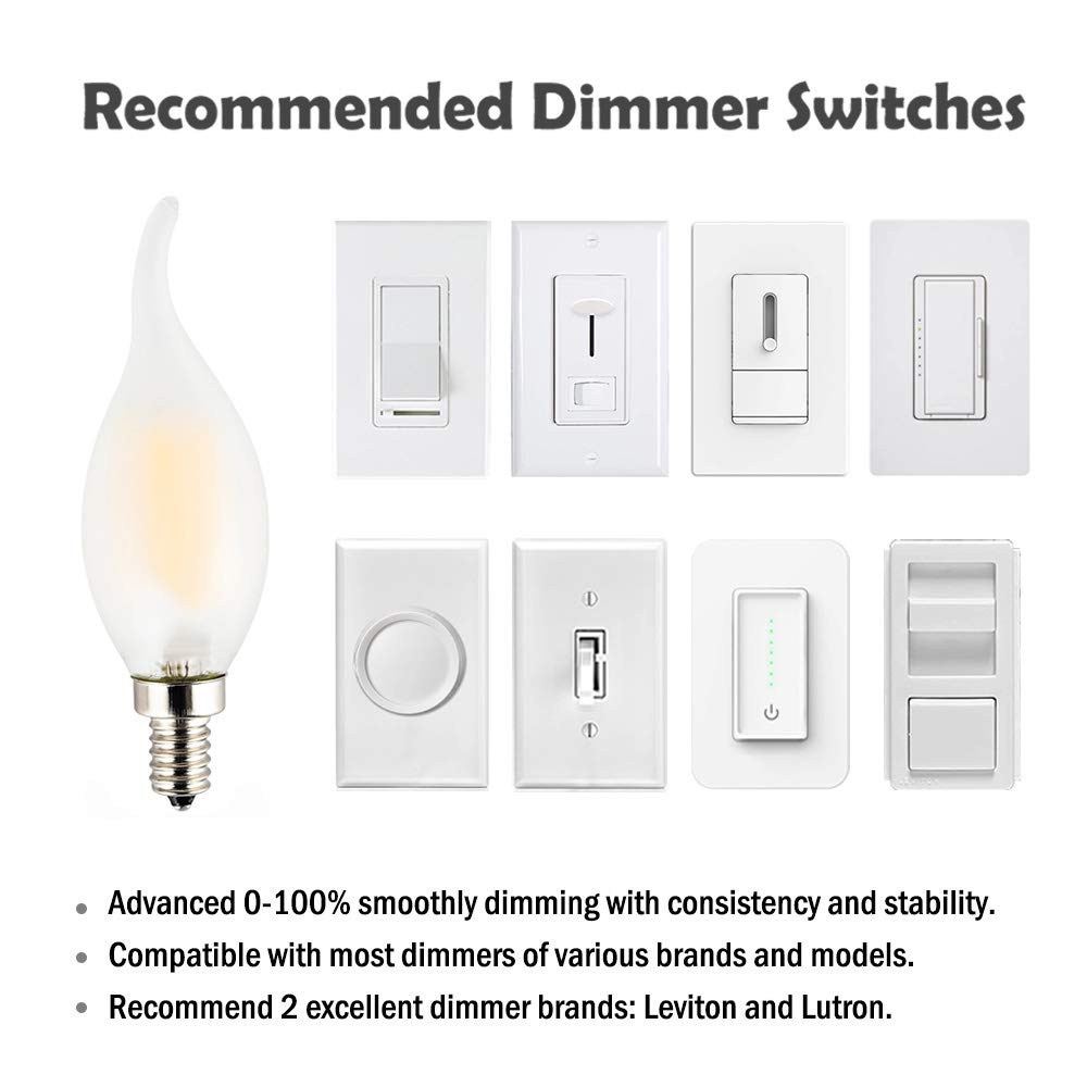 OPALRAY C35 2W(25W Incandescent Equivalent) LED Candelabra Bulb, Dimmable, LED Filament Lamp, Warm White Light 2700K, Frosted Glass Cover, E12 Small Base, Flame Tip, 5-Pack