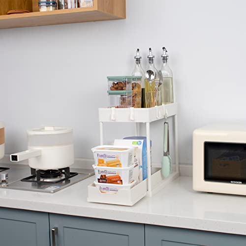Under Sliding Cabinet Basket Organizer, 2-Tier Kitchen Under Sink Storage Drawer Rack Organizer Dust-proof Water-proof, Expandable Under Sink Organizer with 2 Cups and 4 Hooks, White