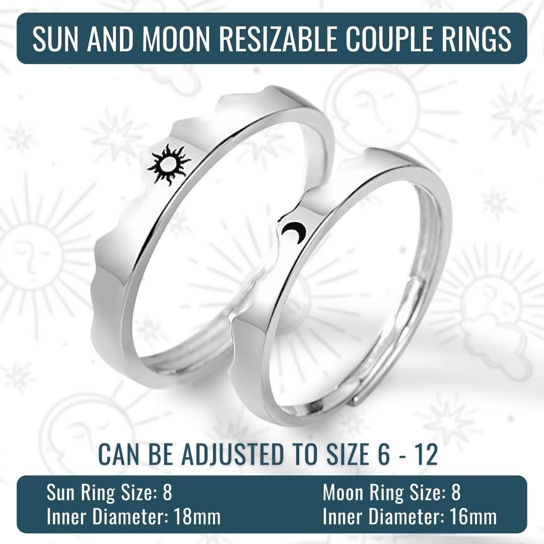 Wizaba Sun and Moon Matching Rings Set in Silver - Adjustable, Symbolic Couple or Friendship Rings