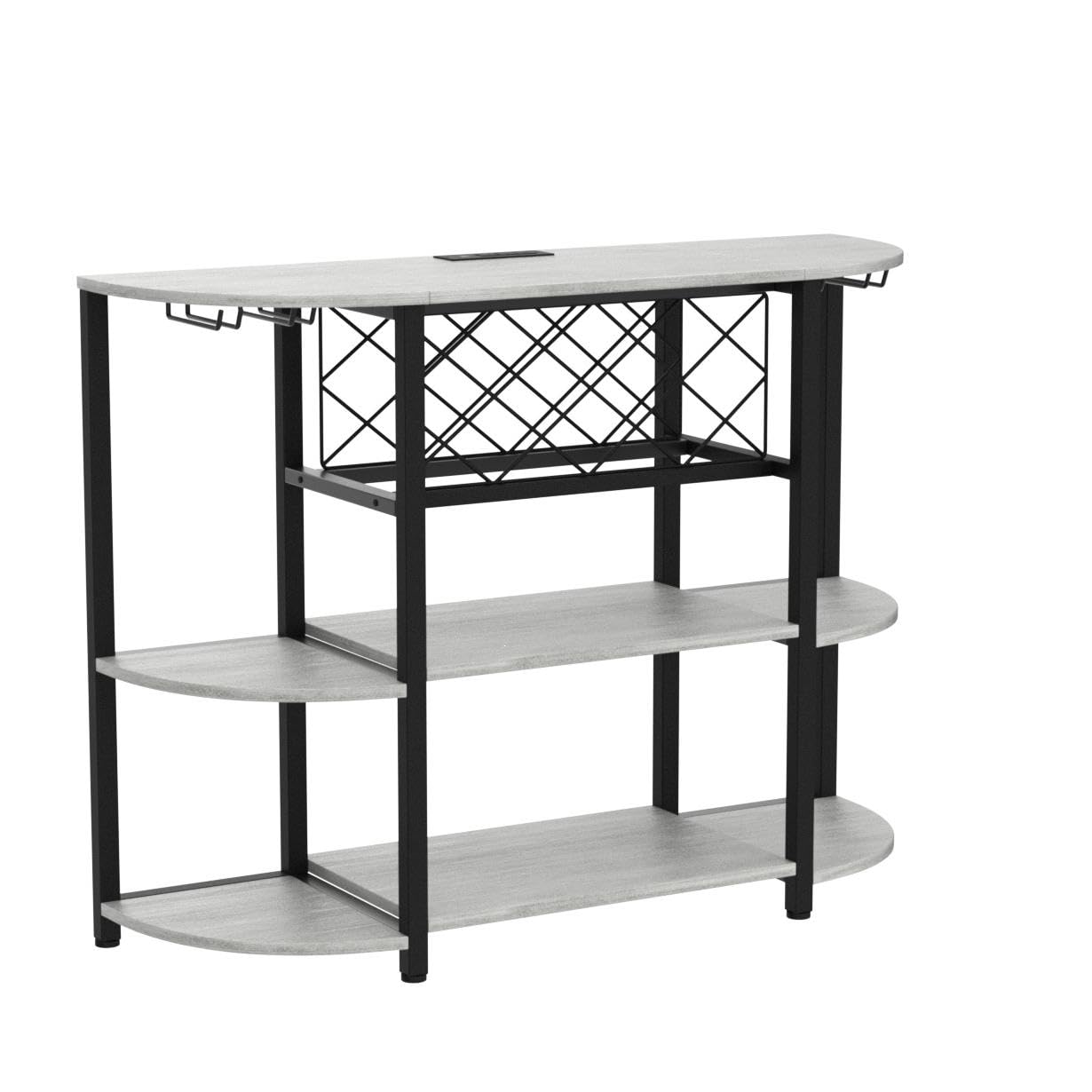 Unikito 4-Tier Metal Coffee Bar Cabinet with Outlet and LED Light, Freestanding Floor Table for Liquor Glass Holder Wine Rack Storage, Bakers Kitchen Dining Room, White Oak