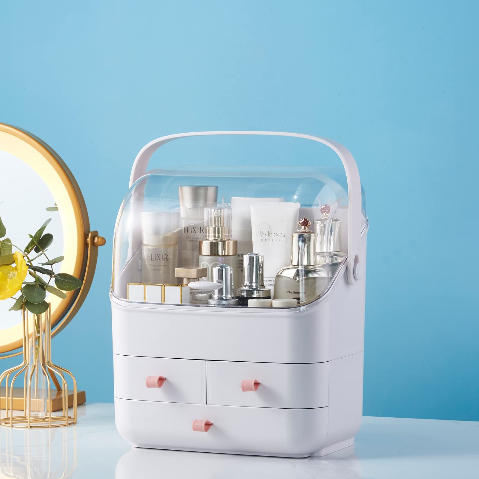 SUNFICON Makeup Organizer Holder Cosmetic Storage Box with Dust Free Cover Portable Handle,Fully Open Waterproof Lid, Dust Proof Drawers,Great for Bathroom Countertop Bedroom Dresser White