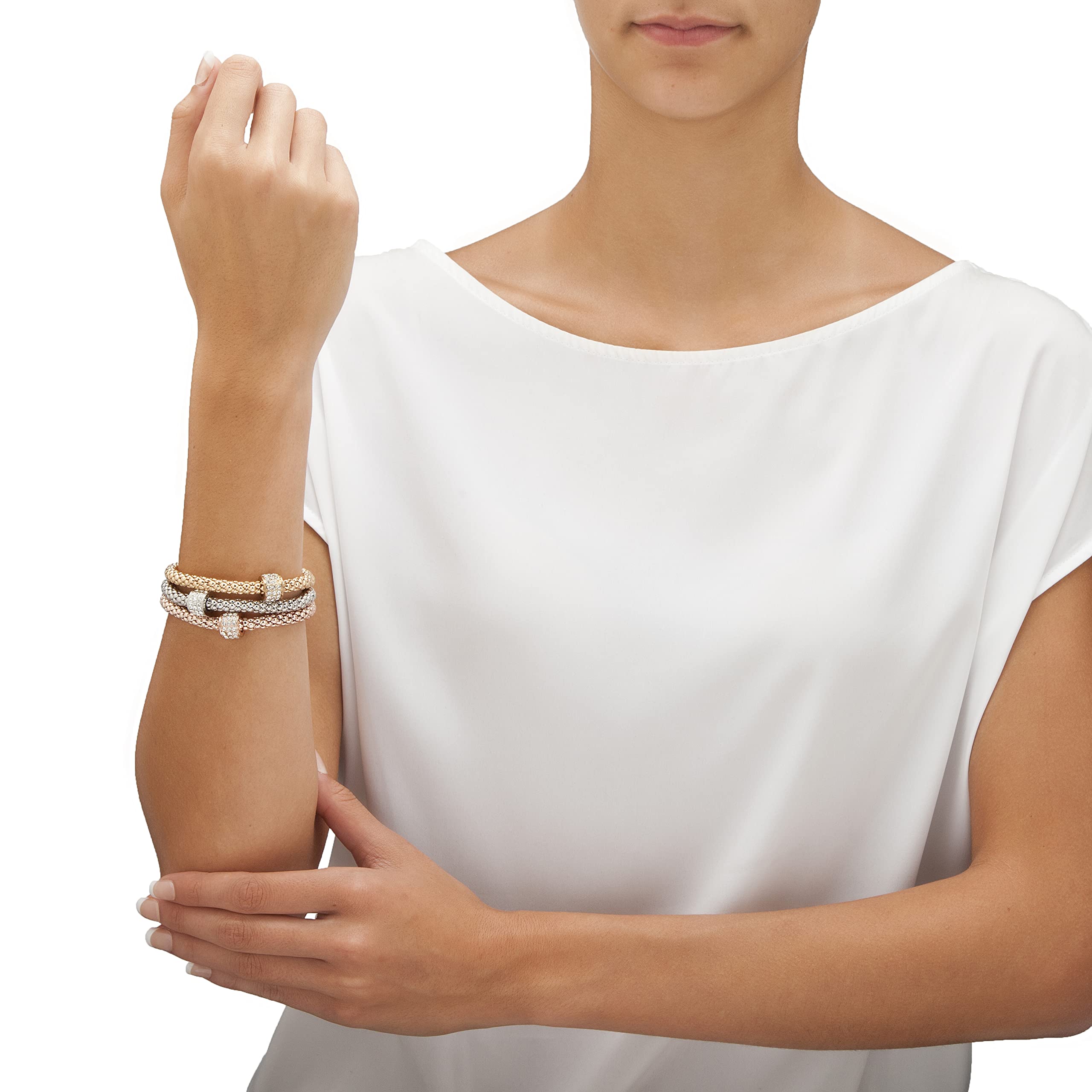 PalmBeach Goldtone Silvertone and Rose Goldtone Crystal 3 Piece Stretch Bracelet Set, 8 inch Length