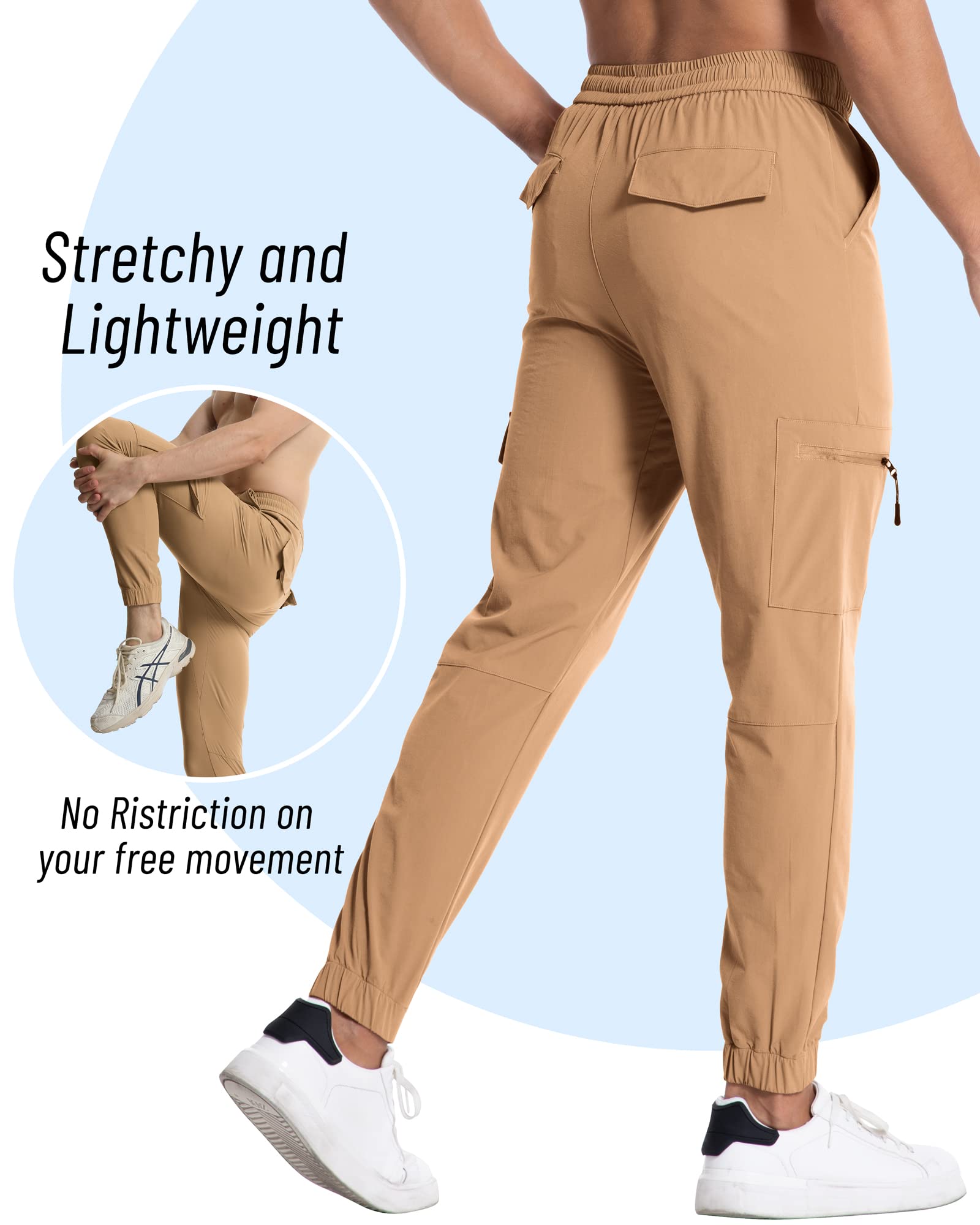 Y YERFONE Mens Hiking Pants Quick Dry Golf Joggers with Pockets Stretch Cargo Pants Slim Fit Lightweight Travel Athletic Workout Dark Khaki