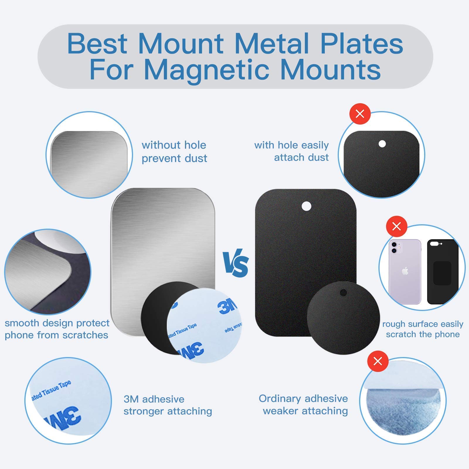 OWLKELA Mount Metal Plate for Phone Magnet Car Mount Holder Cradle with Adhesive, Universal Replacement Sticker Compatible with Magnetic Mounts - 10 Pack Black and Silver (4 Rectangle and 6 Round)