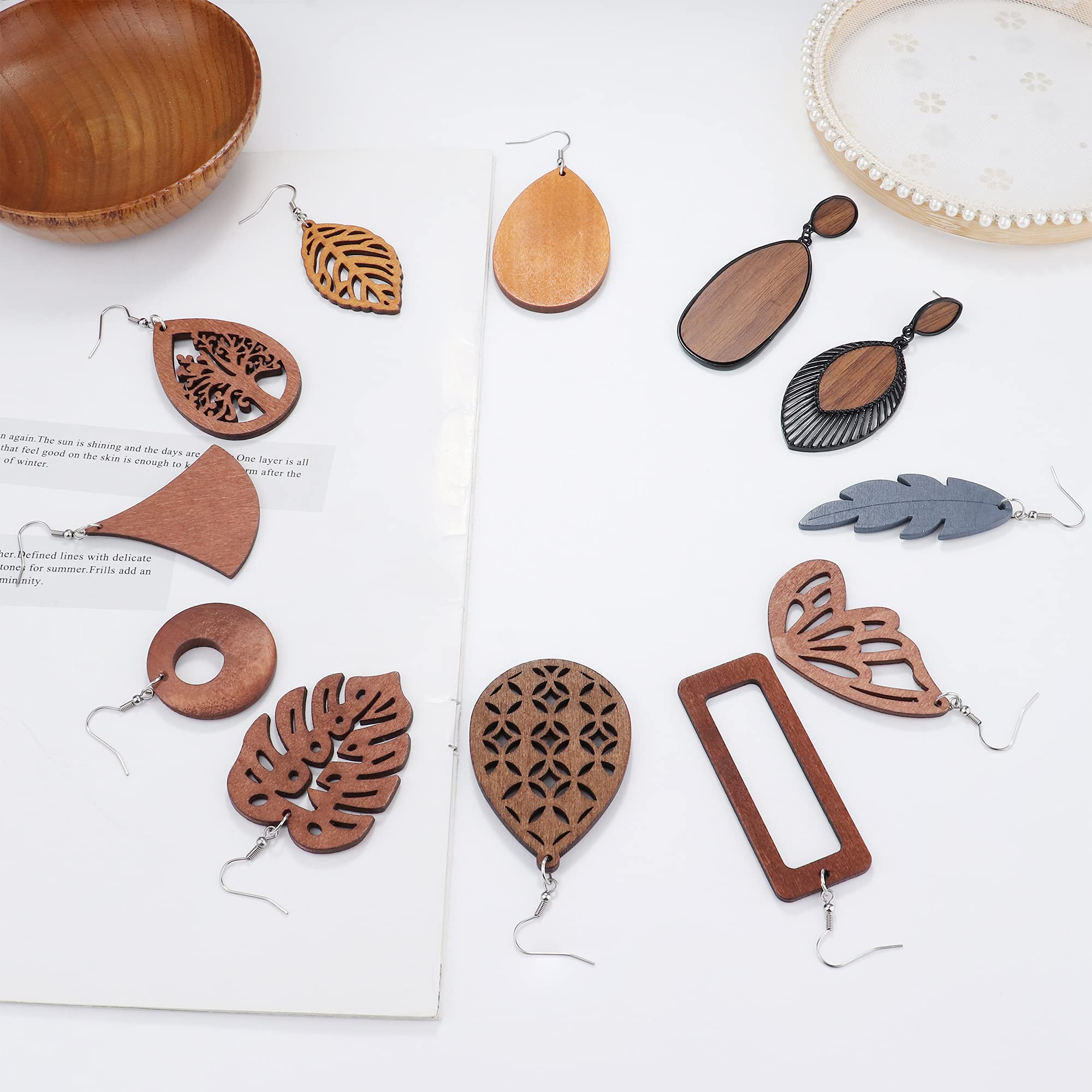 Sailimue 12 Pairs Wood Earrings for Women Natural Wooden Earrings Geometric Lightweight Drop Dangle Earrings Ethnic Style Statement Earrings