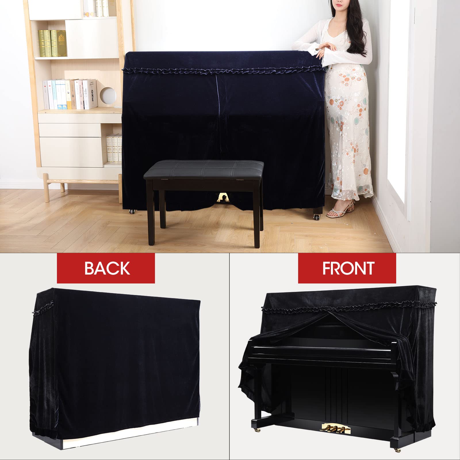 Monkeysell Full Piano Cover Cloth Art More pleuche Decorated with Macrame for Universal Upright Vertical Piano Upright piano universal 118-131 (black)(not include chair cover)