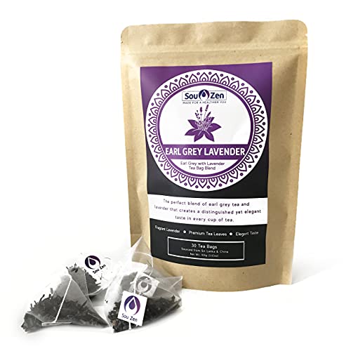 Sou Zen Earl Grey Lavender Tea 30 Corn-fiber Pyramid Tea Bags | Premium Quality Tea Leaves and Flowers | Raw and Naturally Organic Ingredients | Energizing and Revitalizing Tea with No Additives