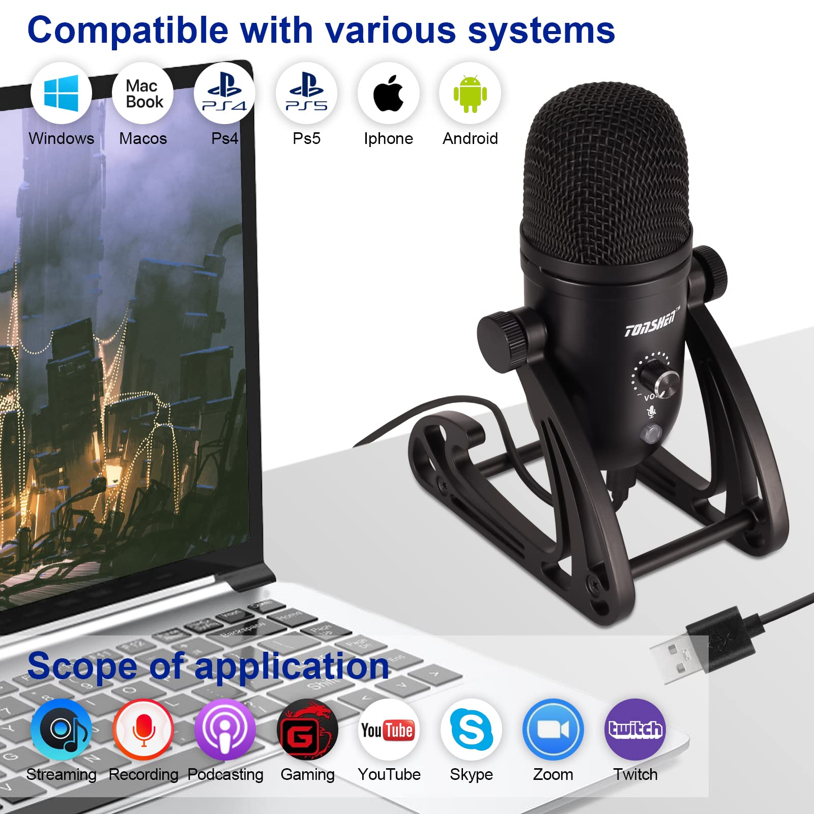 Tonshen USB Podcast Microphone Condenser Microphone for PC and Laptop Podcast Equipment Bundle Gaming Mic Studio Microphone for Singing, Vocal Recording, Streaming Supercardioid Pickup Pattern