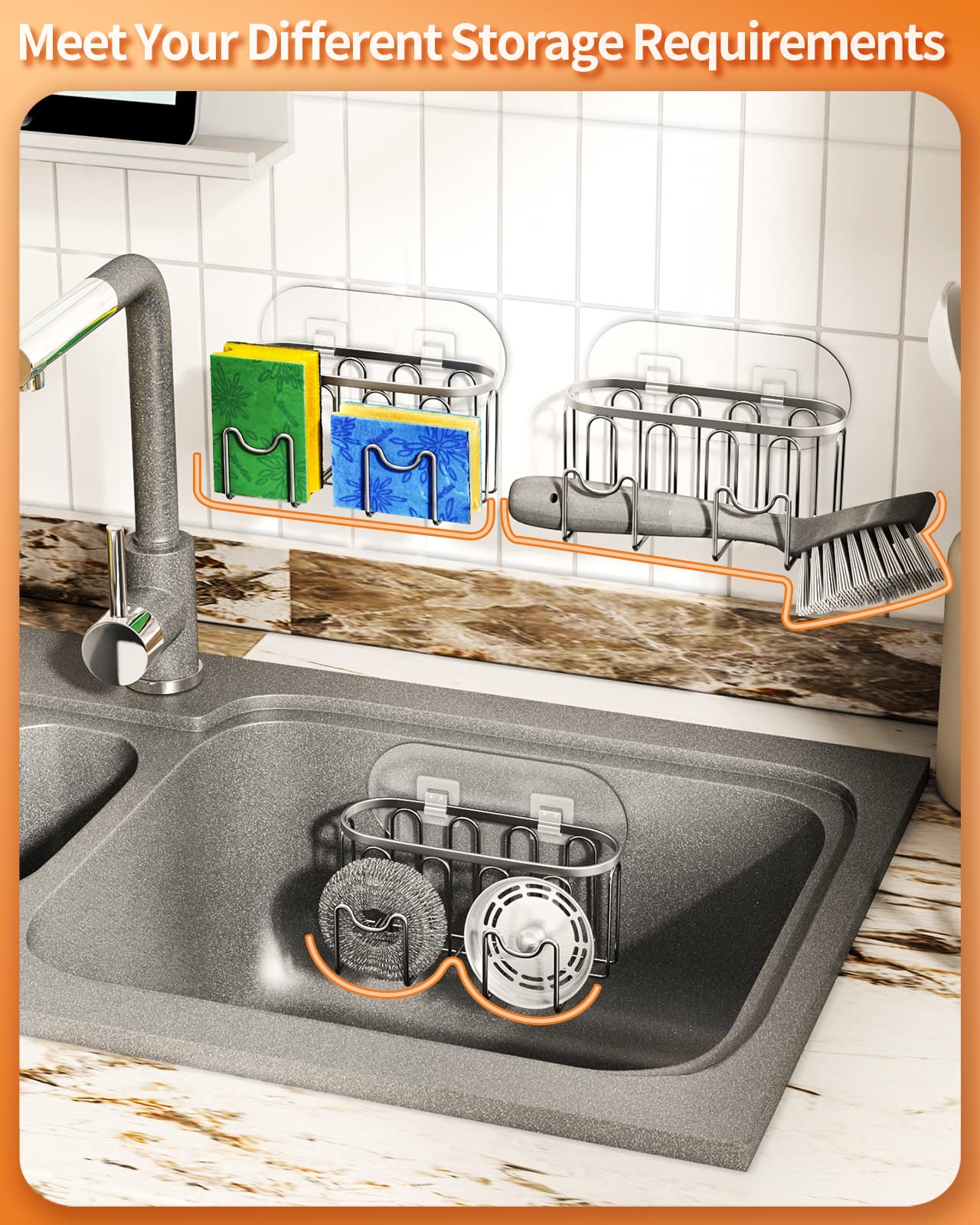 SWTYMIKI Sink Sponge Holder With Double Hook, Stainless Steel Sink Caddy Kitchen Sink Organizer Multifunctional Rustproof Kitchen Sponge Holder for Kitchen Sink Accessories, Silver