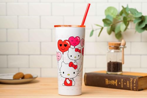 Silver Buffalo Sanrio Hello Kitty Heart Balloons Double Walled Stainless Steel Tumbler with Straw, 22 Ounces