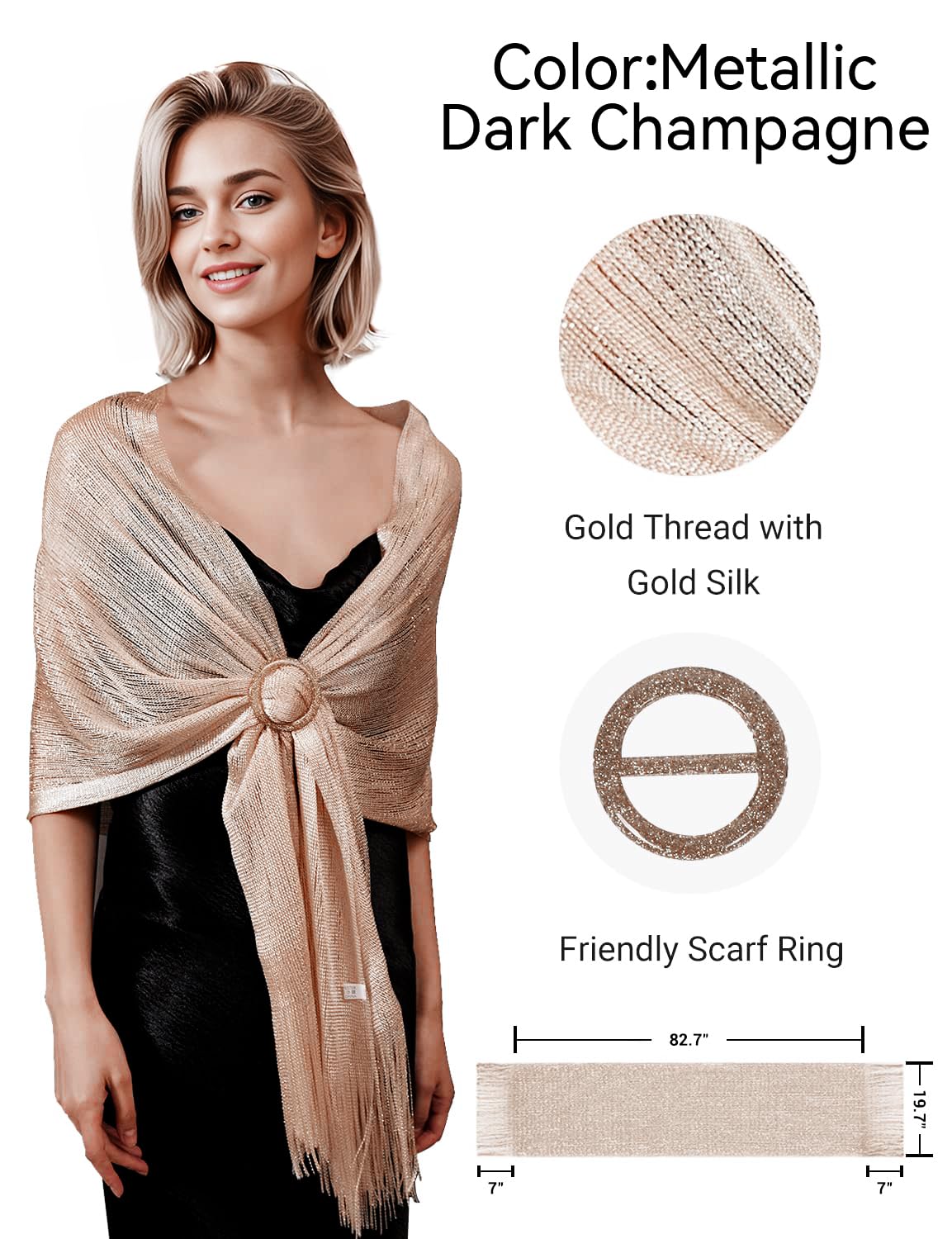 MissShorthair Women's Sparkle Shawls and Wraps for Party Dresses 01 Champagne Gold