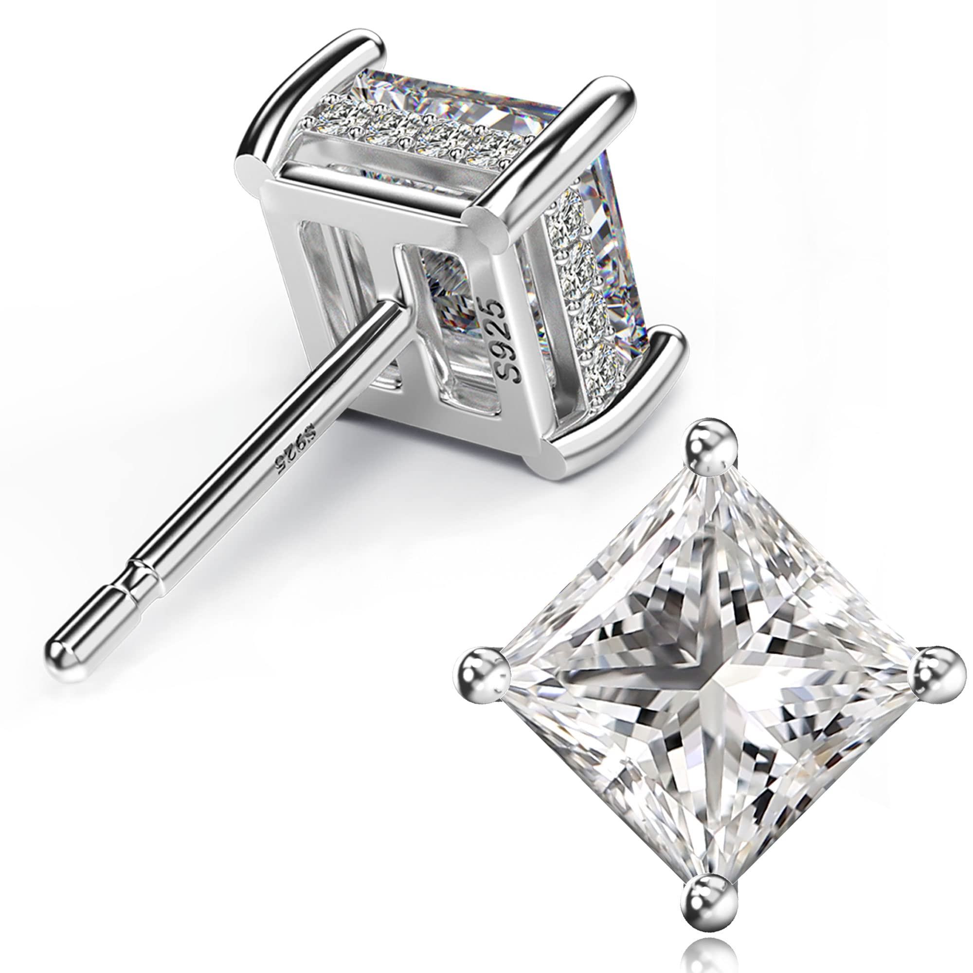 UNFAAR 18K White Gold Plated Sterling Silver Princess Cut Cubic Zirconia Stud Earrings Square CZ Diamond Stud Earrings for Women Men Hypoallergenic (6MM, Clear)