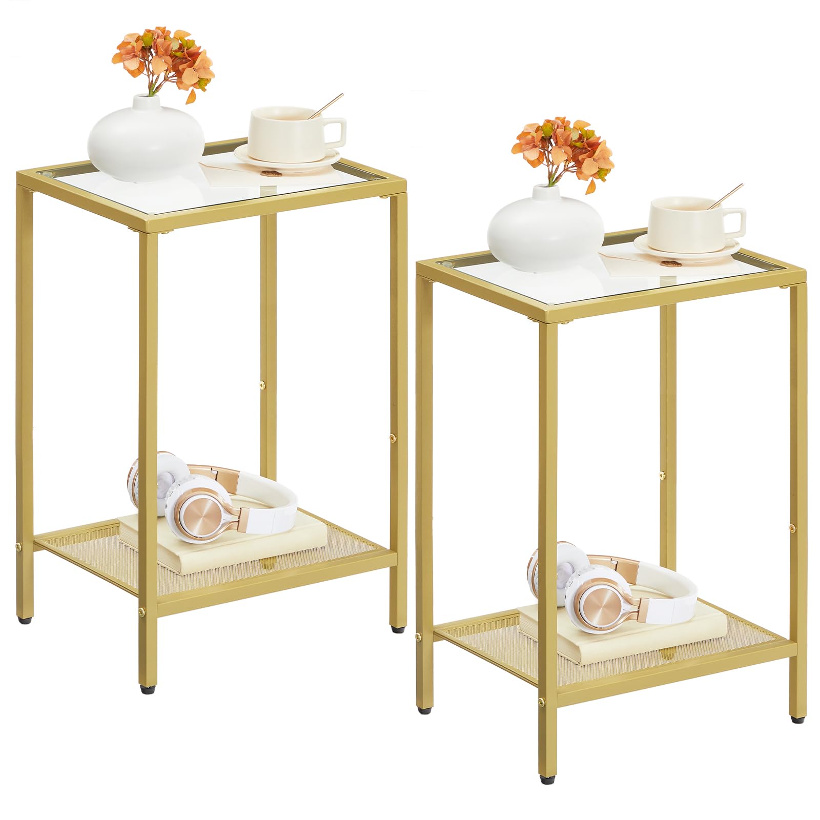 MAHANCRIS End Tables Set of 2, Side Table with Tempered Glass Top, Narrow Beside Table for Small Space, 2-Tier Nightstand with Storage Shelf, for Sofa Couch and Bed, Easy Assembly, Gold ETJ24B01S2Z1