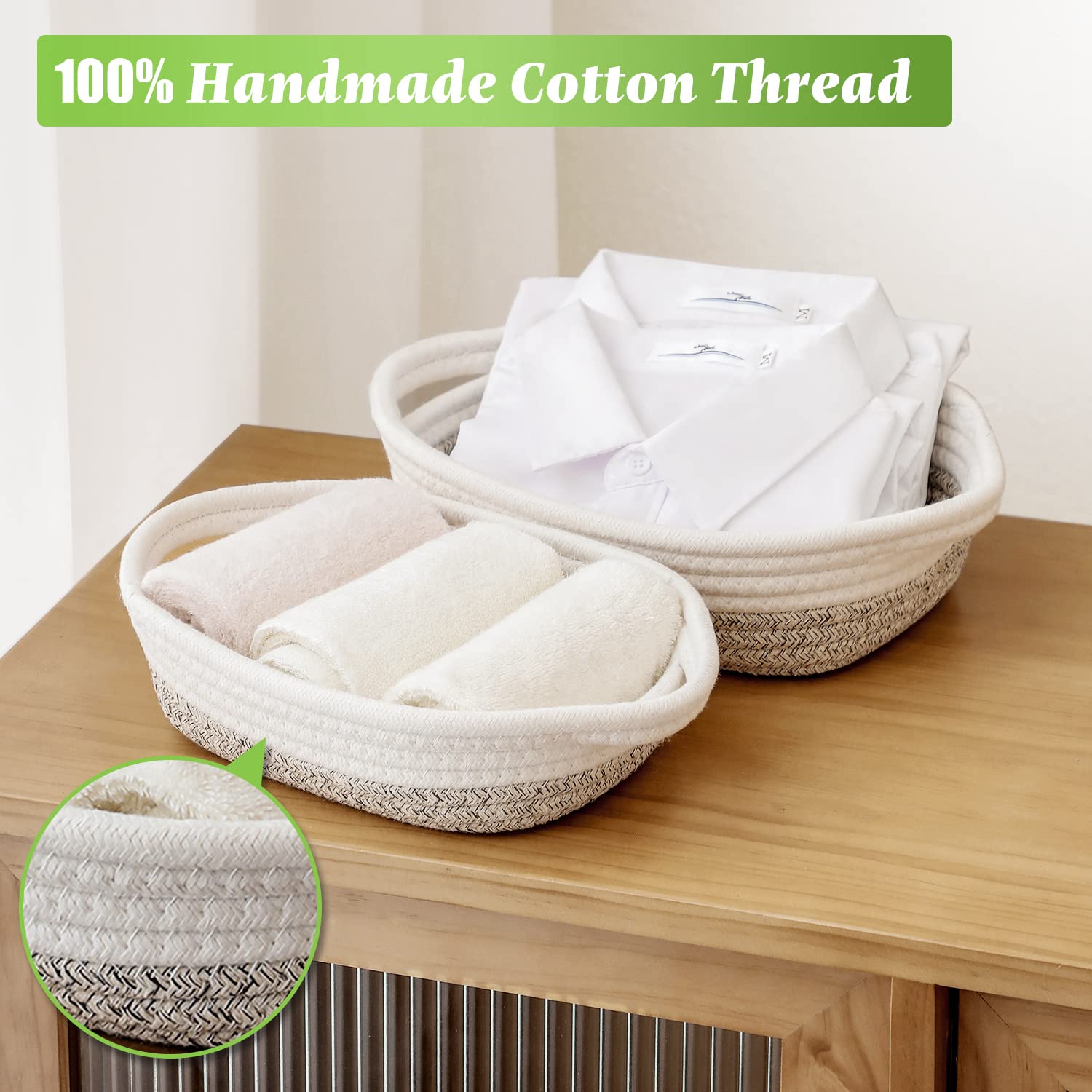 YONOVO 5 Pack Rectangle Storage Basket Set, Woven Cotton Rope Shelf Storage Basket with Leather Handles, Home Organizing laundry Bins Baby Nursery, Toy Baskets, Cat Toy Box, Bathroom