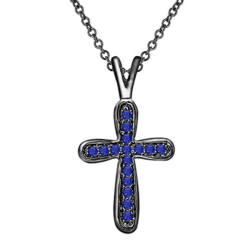 RUDRAFASHION Round Cut 14k Black Gold Plated Blue Sapphire Unique Cross Pendant for Womens
