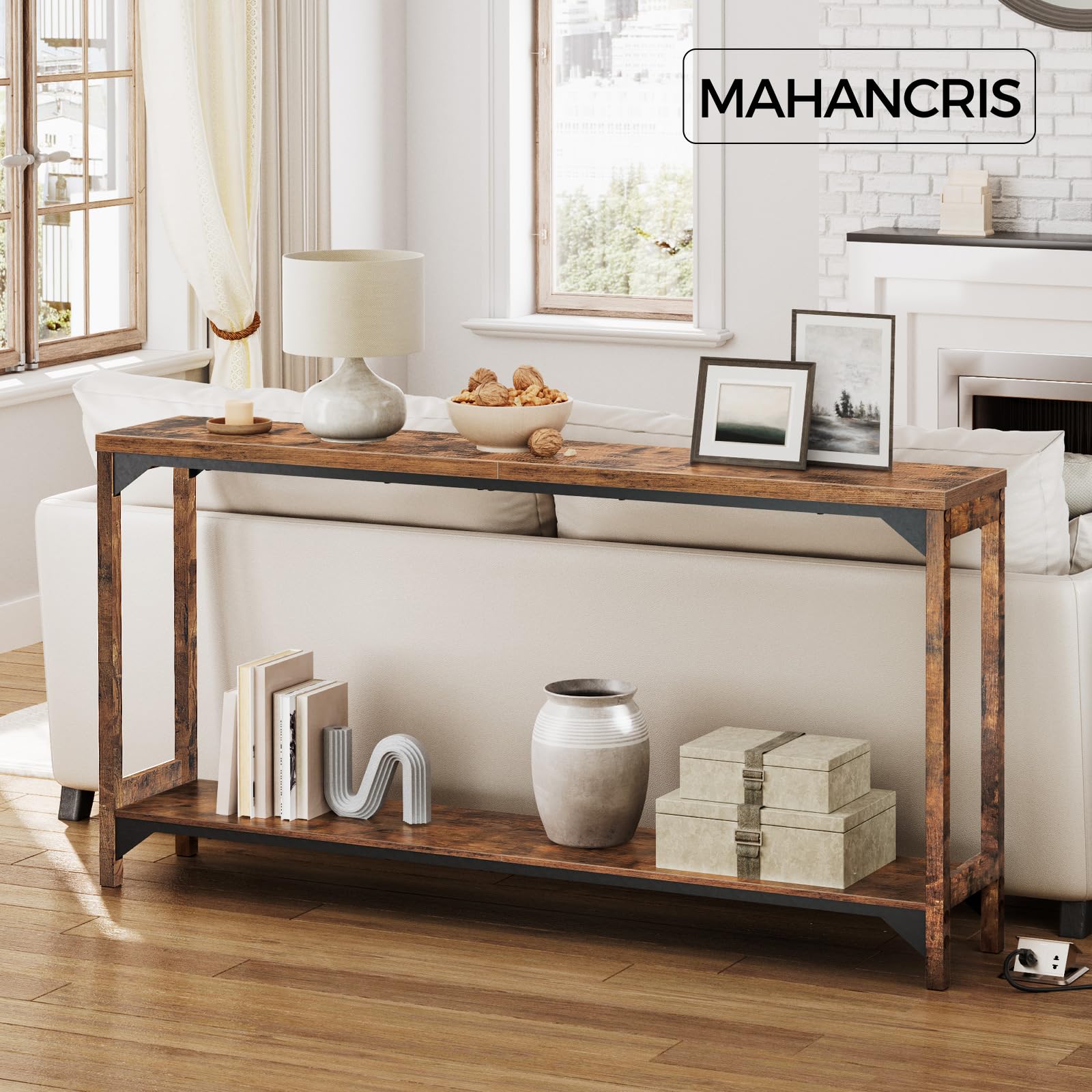 MAHANCRIS Sofa Table, 62.2" Console Table, Narrow Long Entryway Table, Industrial Hallway Table, 1.2" Thickened Top, Console Desk Table for Entryway, Living Room, Hallway, Rustic Brown CTHR25801