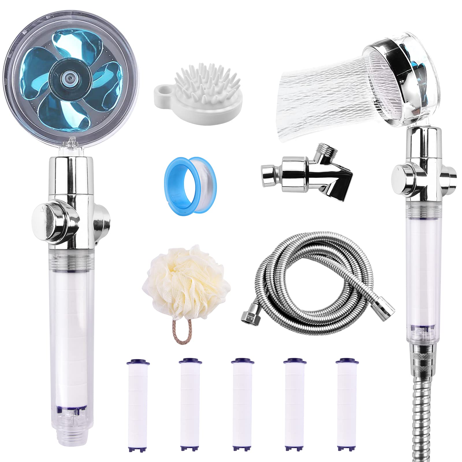 TESECU Turbo Shower Head, Modern Style, 5 Settings, 6 L/min Flow, 360 Rotation, Tool-Free Installation, ABS Material, Stainless Steel Panel, 79" Shower Hose, Bath Ball, Shampoo Comb