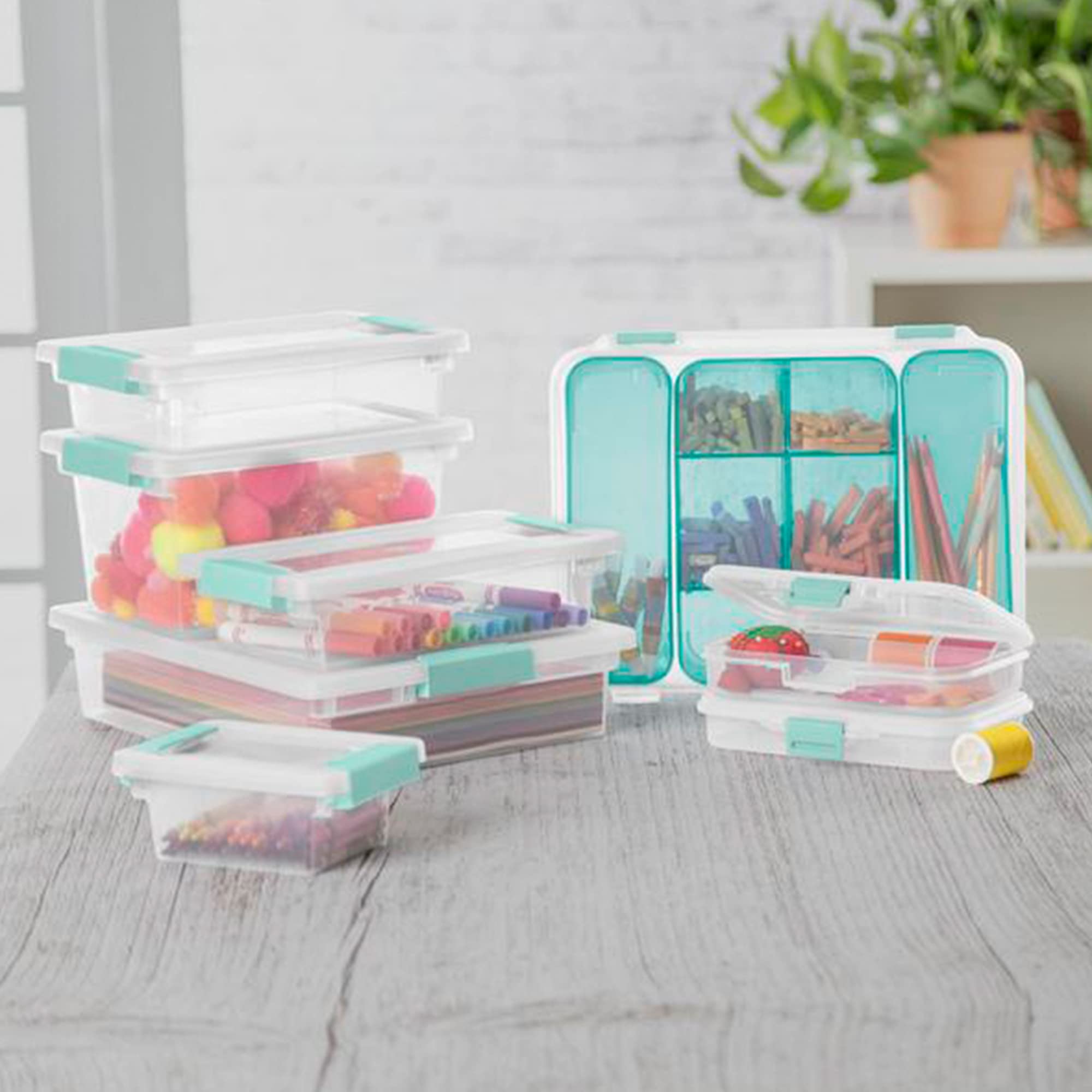 Sterilite Medium Clip Box, Stackable Small Storage Bin with Latching Lid, Plastic Container to Organize Office, Crafts, Clear Base and Lid, 12-Pack