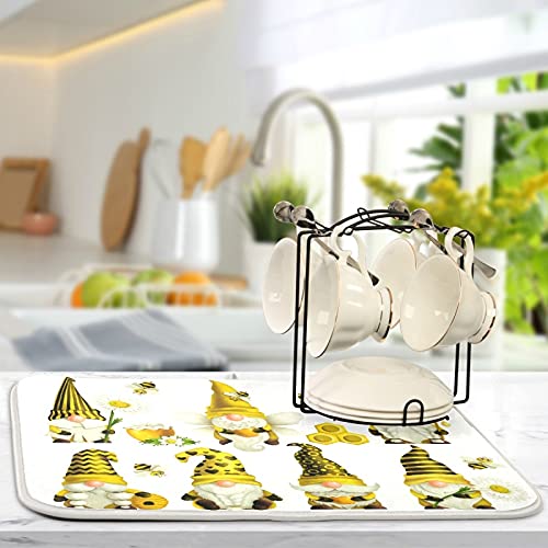 Yellow Gnomes Bee Absorbent Dish Drying Mat Reversible 16"x18",Summer Honey Sweet Drying Pad Protector for Kitchen Counter Sinks Dining Table