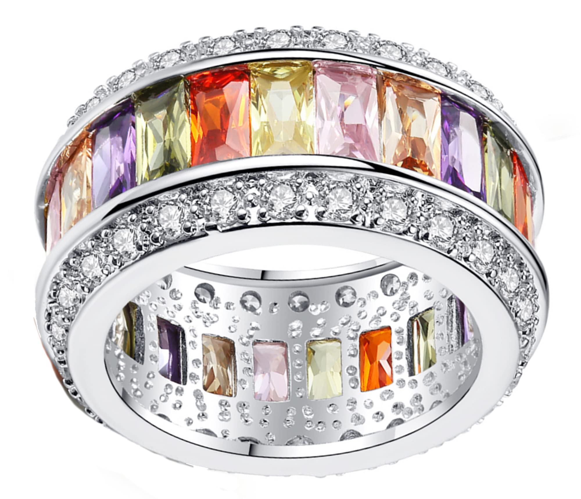 VPKJewelry 18K Gold Plated Rainbow Ring Wedding Band for Women Ladies Emerald Cut Multi Color Created-Gemstone Eternity Ring (Multicolor, 9)