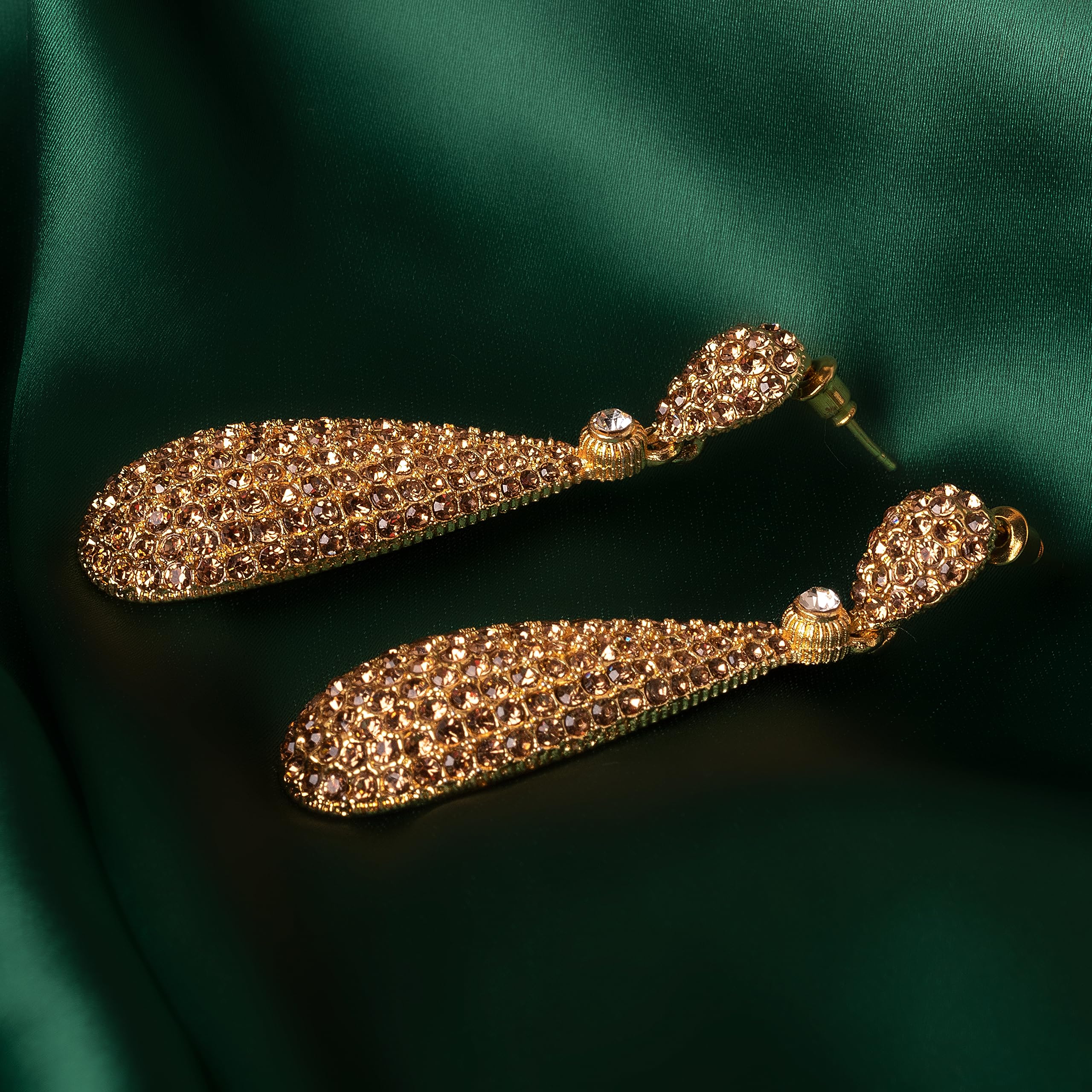 Moonstruck Costume Jewelry Chandelier Champagne Diamond Studded Golden Gold Drop and Dangle Earrings for Women
