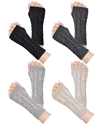 Loritta 4 Pairs Womens Fingerless Gloves Winter Warm Knit Crochet Thumbhole Arm Warmers, Beige/Light Grey/Dark Grey/Black