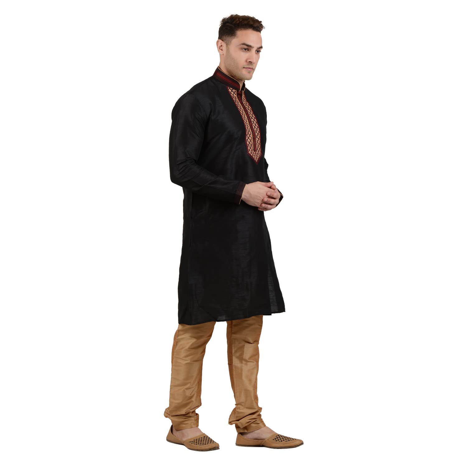 Maharaja Traditional Indian Art Silk Embroidered Kurta Pyjama Set in Black for Men[MSKP017-42]