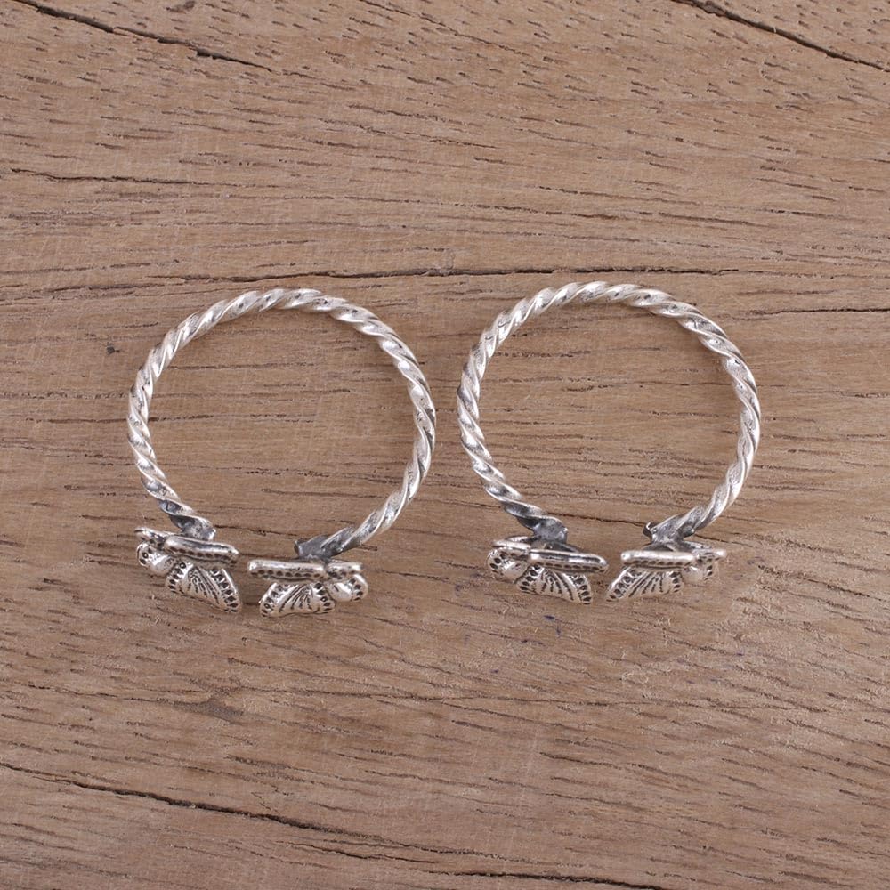NOVICA Artisan Handmade Sterling Silver Toe Rings Twisted with Butterfly Accents from India Pair No Stone Animal Themed [ 1 mm W] ' Butterfly Meeting' Pair