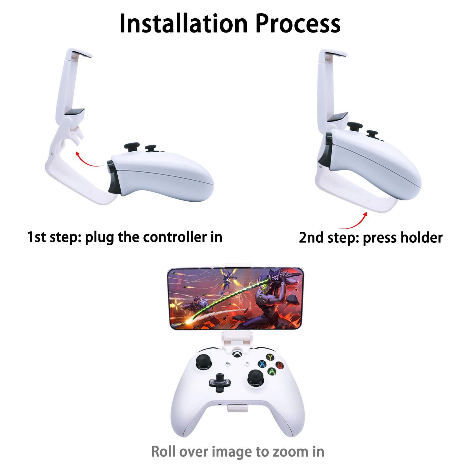 RALAN 2 Pack Foldable Mobile Phone Holder for Game Controller, Phone Clip Holder Game Clamp Mount Clamp for Xbox, Android, Cellphone Clamps Compatible with Xbox One/S (Black & White)
