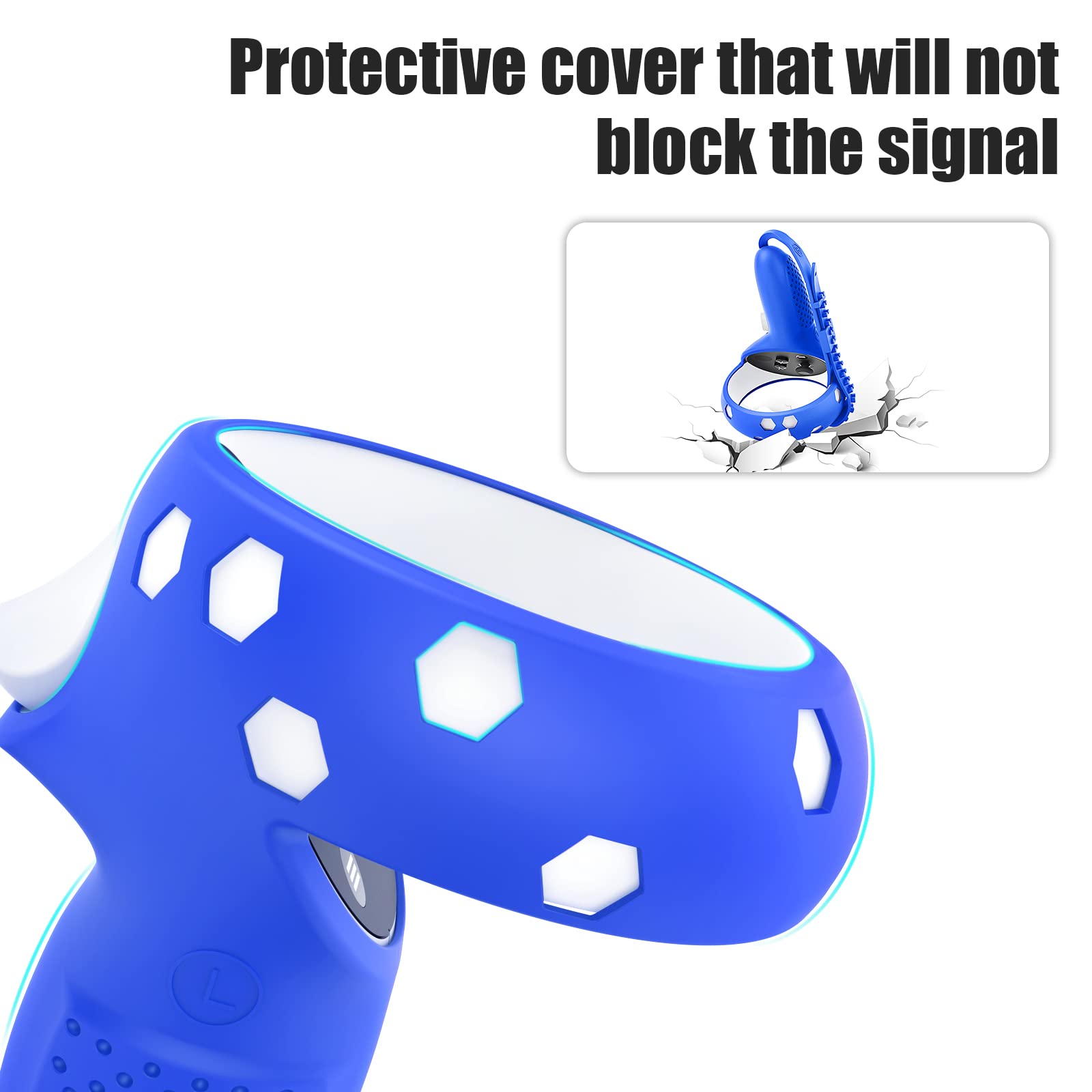 VR Controller Grip Cover, Silicone Face Cover, Protective Lens Cover, Anti-Throw Protector with Adjustable Straps, Full Cover Handle Sleeve for Oculus Quest 2 (navy blue)