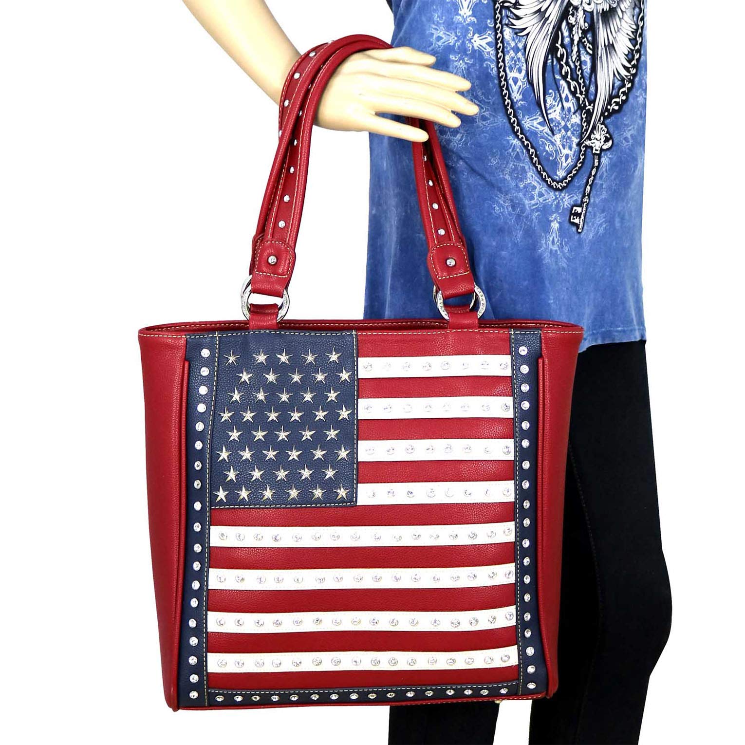 Montana West Western Bling Collection Satchel Handbag Top Handle Purse Concealed Carry (Red Spiritual Cross Patriotic)