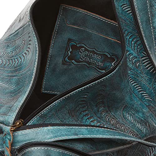Santiago Sebastian Leathers Ladies leather convertible backpack purse, handbag/backpack, Handmade, Handtooled, Floral pattern, zippers, 3 compartments (Turquoise)