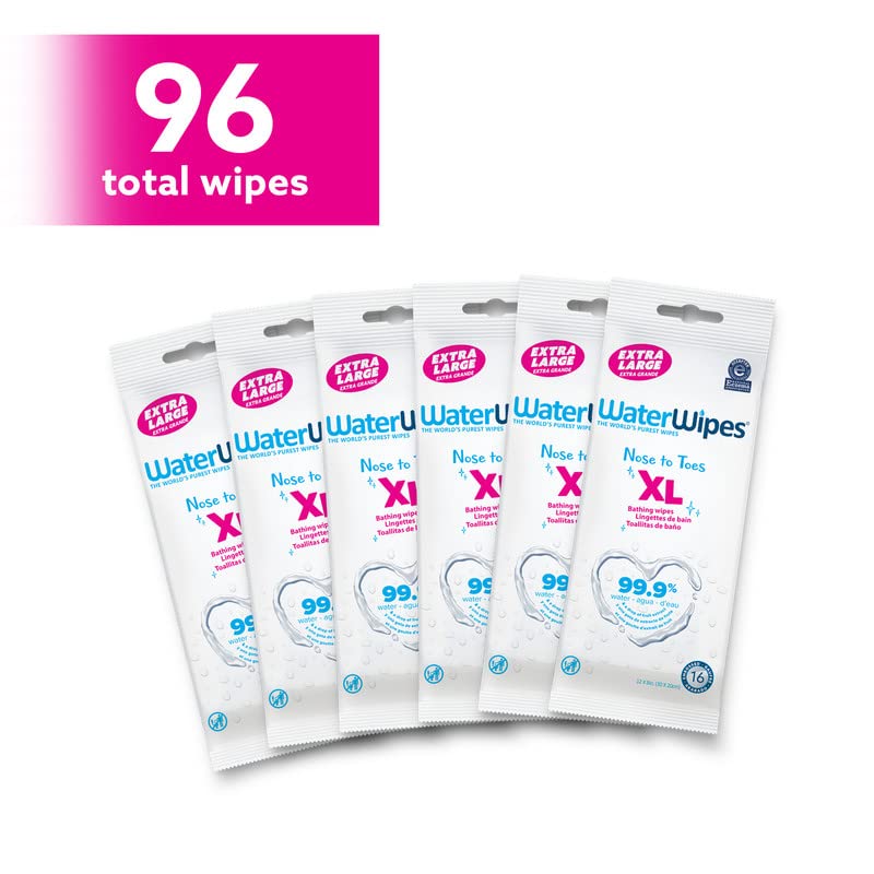 WaterWipes XL Unscented, No-Rinse, Textured Bath Wipes for Sensitive & Newborn Skin, Diaper Wipe, 96 Count (6 Packs)