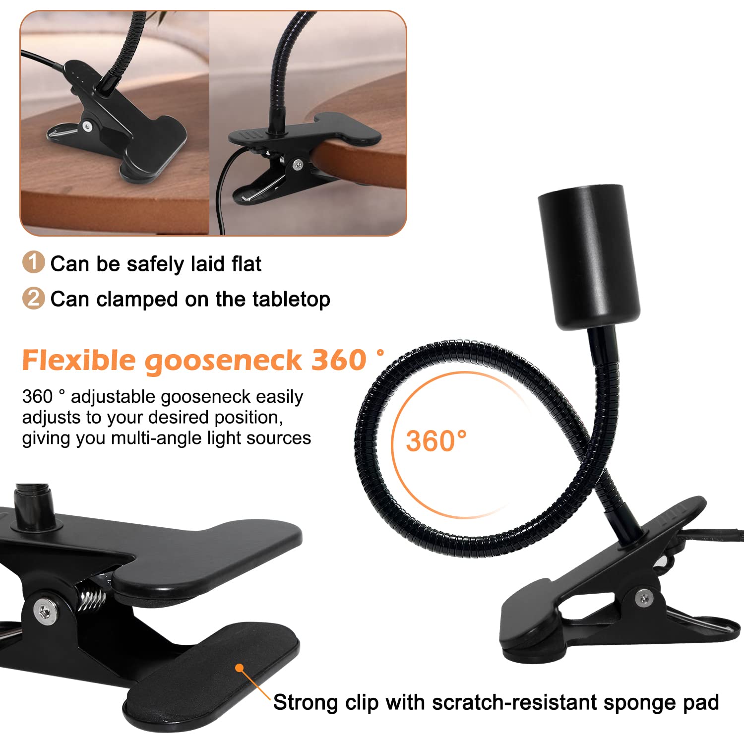 PNLIARN Desk Clip Lamp Holder,E26/E27 Clamp Light Socket, 360° Flexible Gooseneck Clip on Light Socket with Switch, Plants Growth Light,for Office,Bedside,Black (No Bulb)
