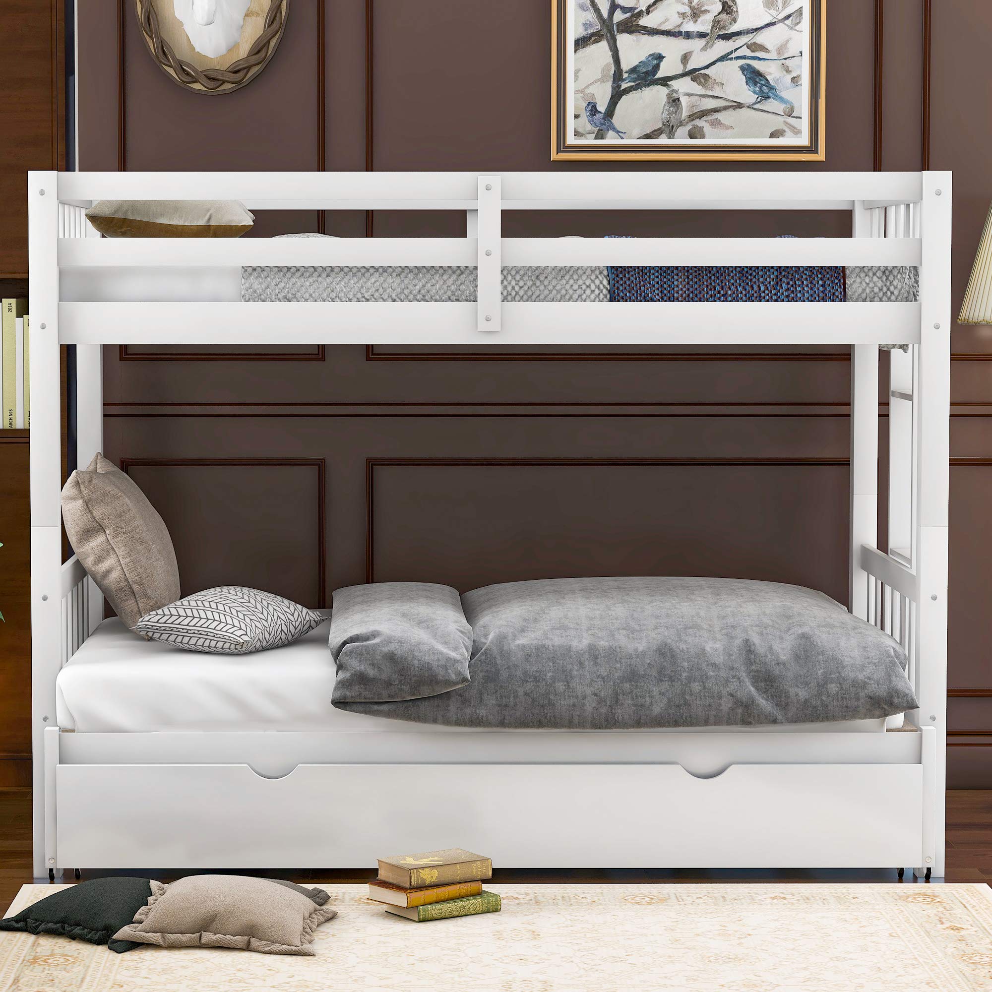 LostCat Twin Over Twin & King Bunk Bed with Trundle,Bottom Bed Can Convertible into Twin, Full, King Size,Pull-Out Multi-Functional Bunk Bed Can for 4 People, White