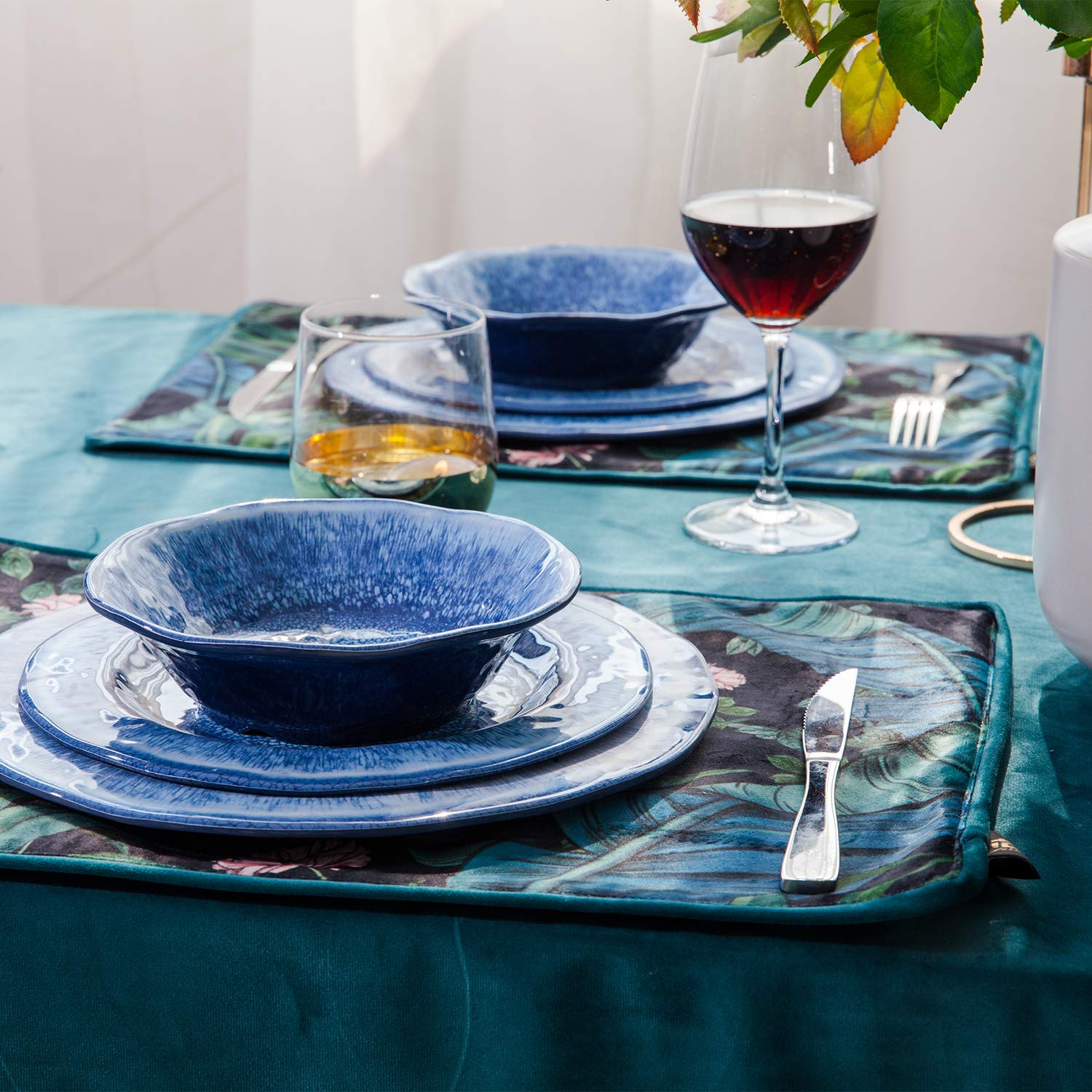 Topmela 12 Pcs Blue Melamine Dinnerware Set, Shatterproof and Dishwasher Safe, Ideal for Indoor and Outdoor Use