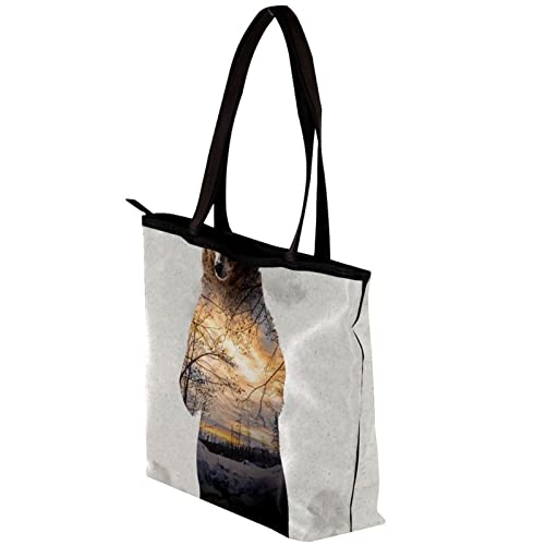 Women's Large Size Canvas Shoulder Bag Hobo Crossbody Handbag Casual Tote, big bear animal forest