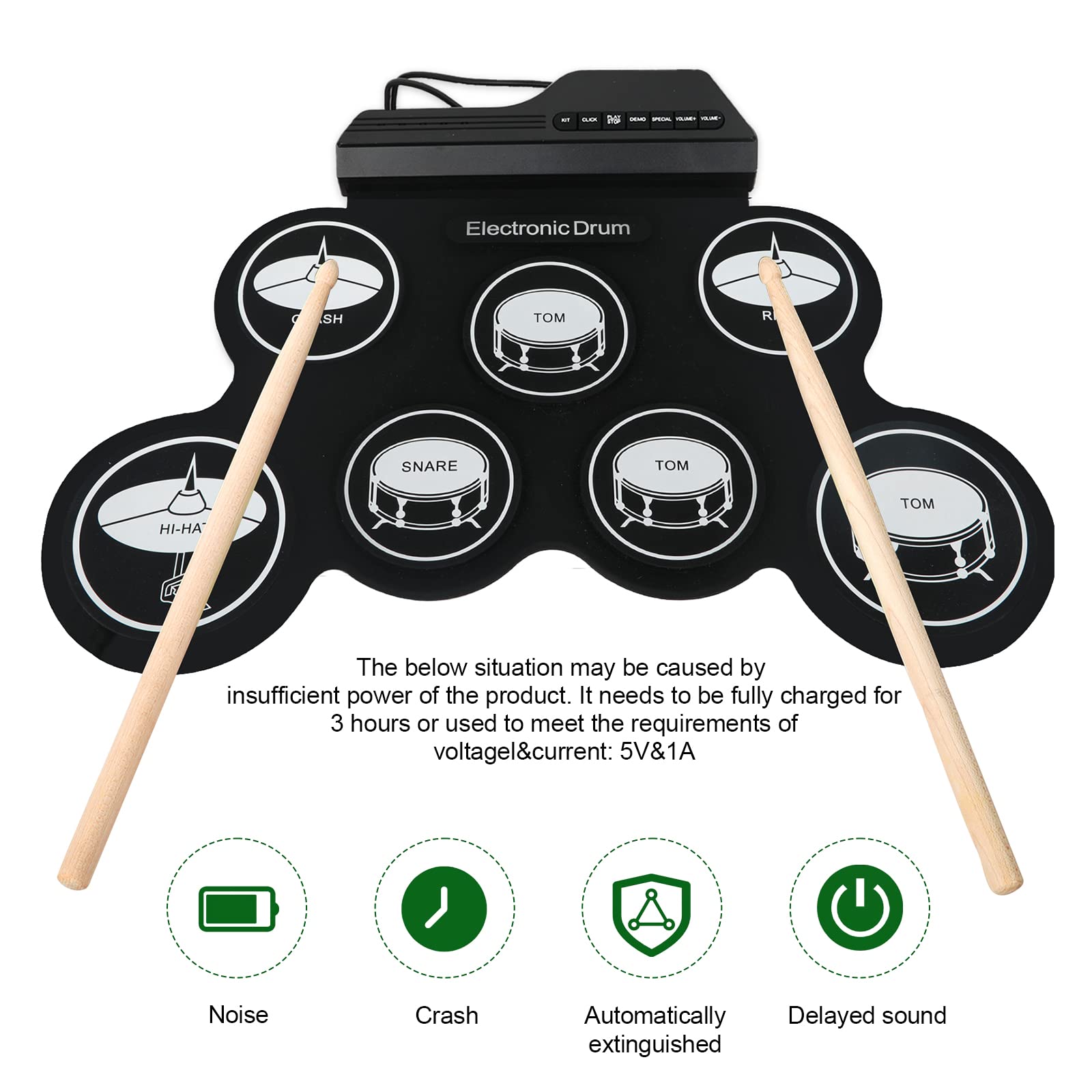 Topoworl Portable USB Electronic Drum Set with Drum Stick & Pedals Practice Drum Pad Foldable Silicone Jazz Drum Electric Drum Set (Black)