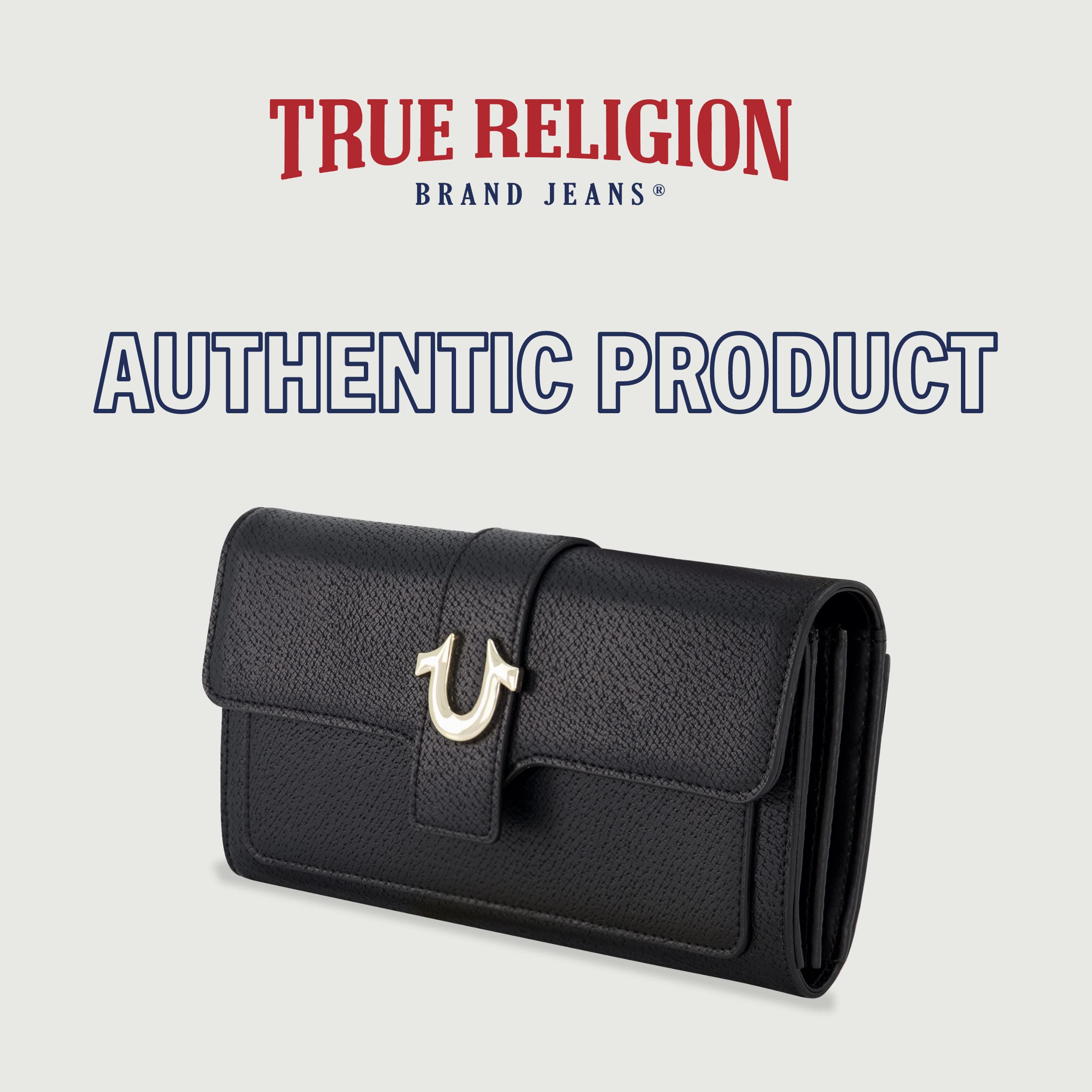 True Religion Women's Wallet, Horseshoe Logo Small Compact Clutch Purse, Black