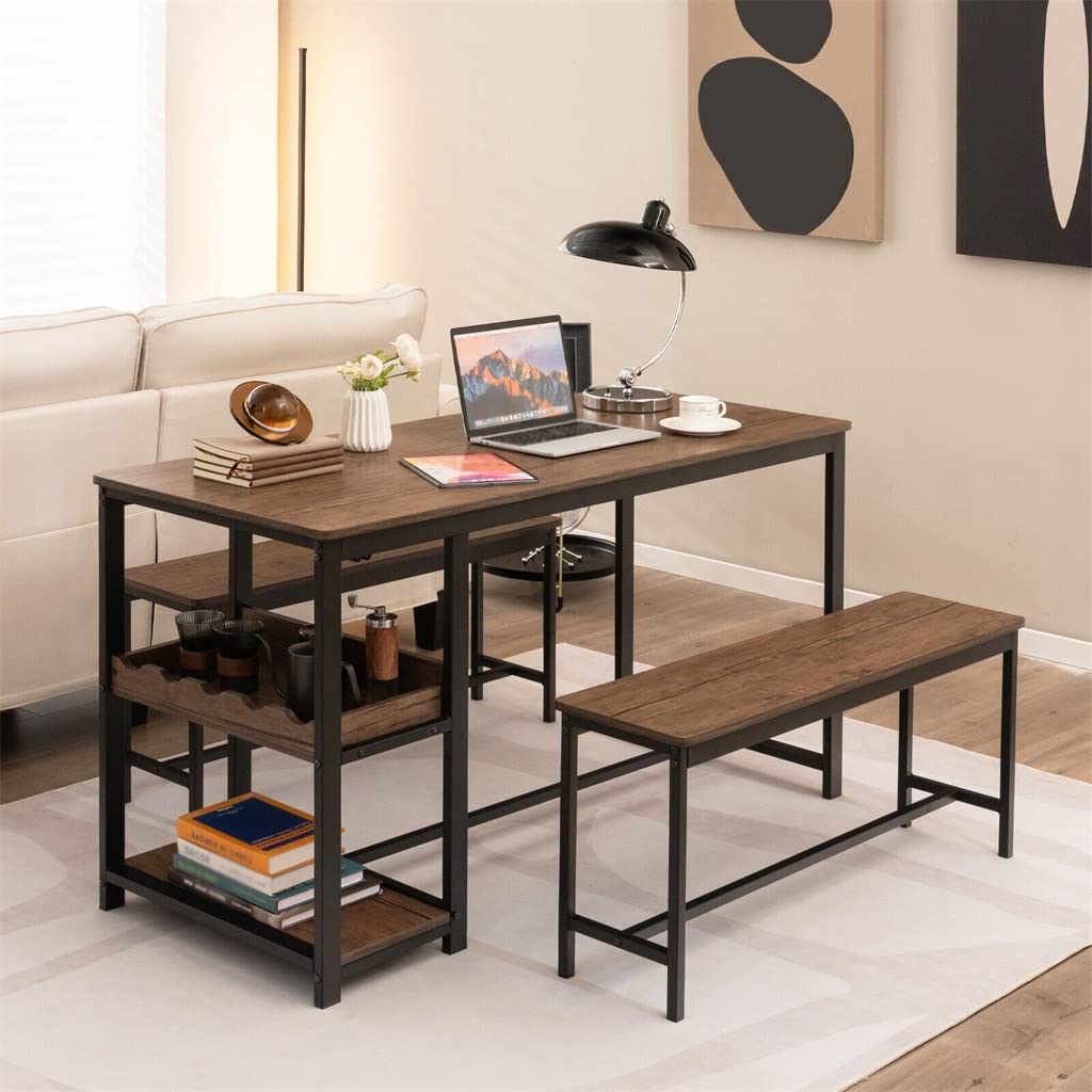 MJWDP 3 Piece Dining Table Set for Kitchen Table and 2 Bench Storage Compartments with Wine Rack